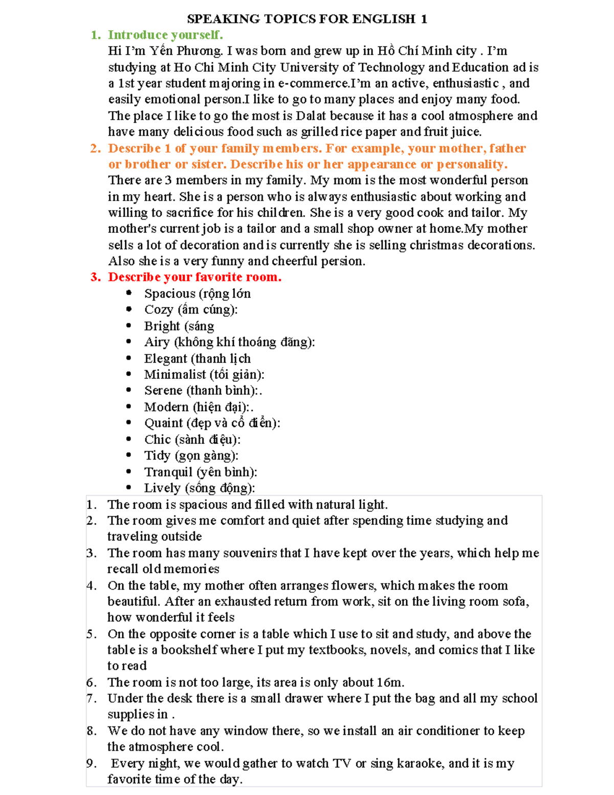 Speaking Topics FOR English 1 - SPEAKING TOPICS FOR ENGLISH 1 Introduce ...