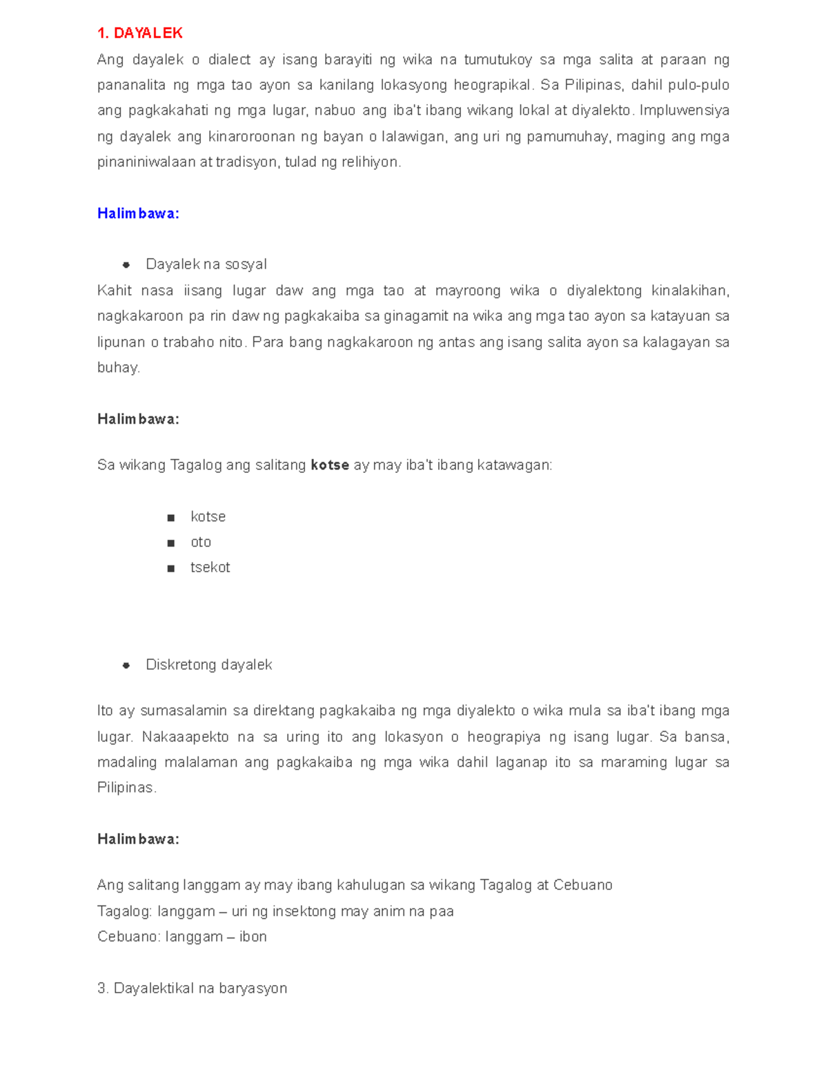 Barayti AT Baryasyon SA WIKA - 1. DAYALEK Ang dayalek o dialect ay ...