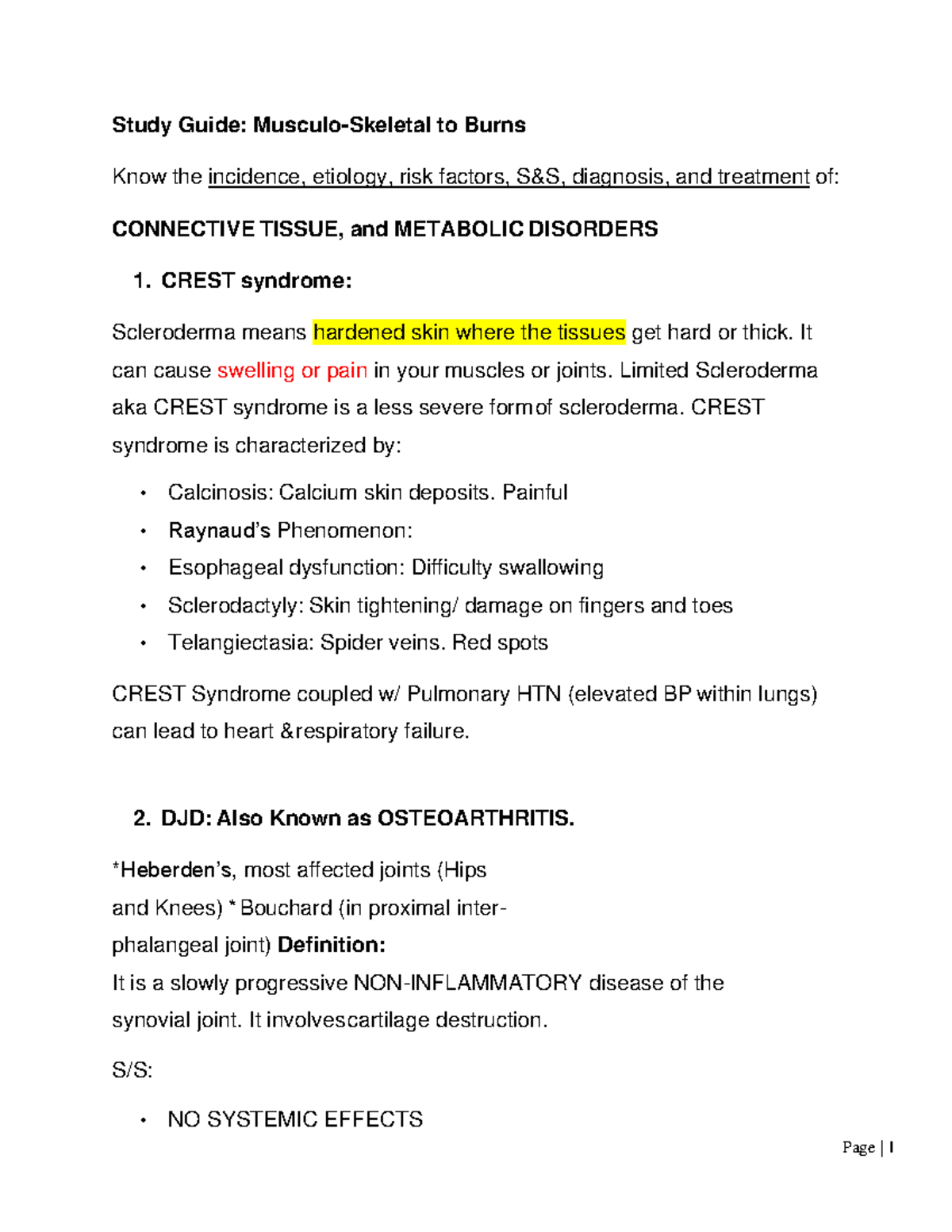 Musculoskeletal Study guide - Study Guide: Musculo-Skeletal to Burns ...