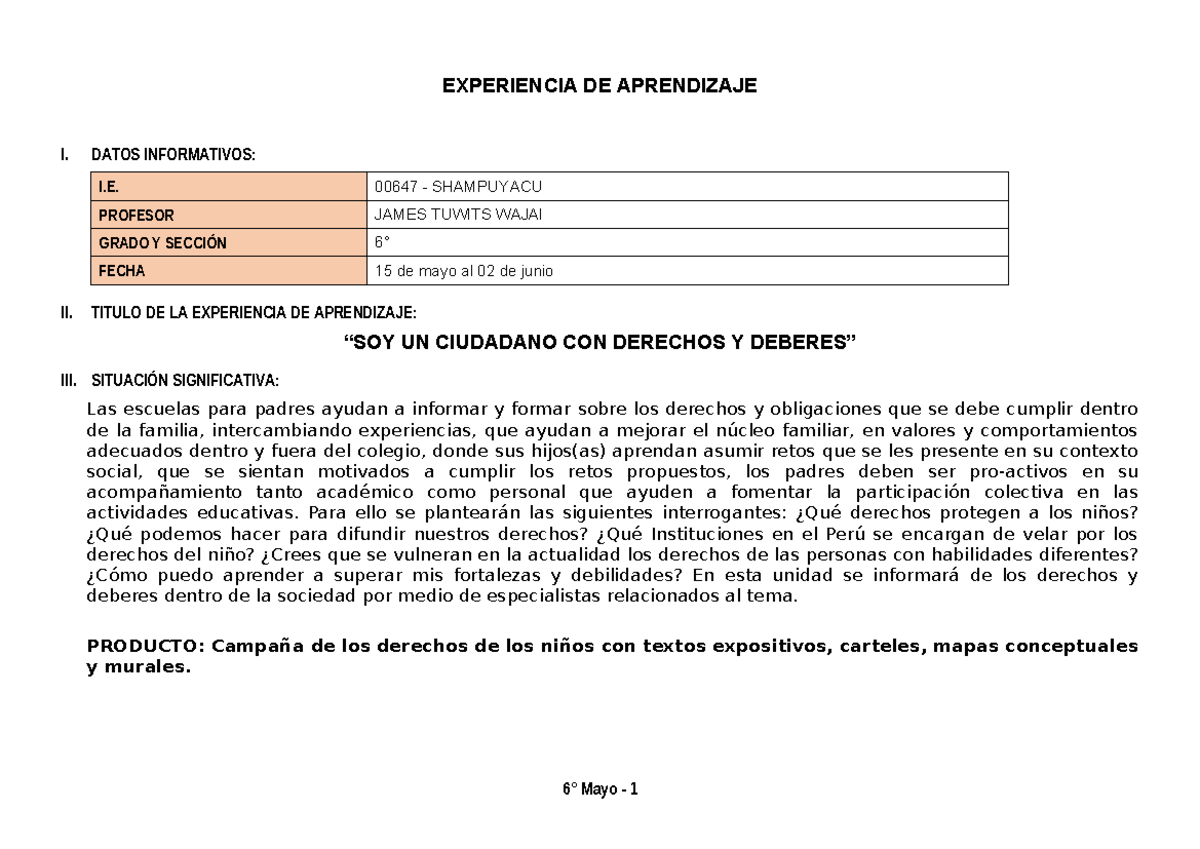 6° Grado - Experiencia DE Aprendizaje N°03 - EXPERIENCIA DE APRENDIZAJE I. DATOS INFORMATIVOS: I ...