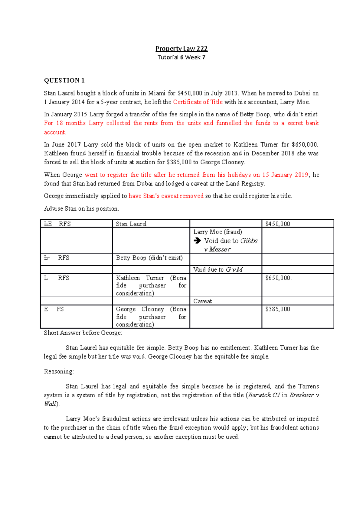 Tutorial 6 Week 7 222 Q - Property Law 222 Tutorial 6 Week 7 QUESTION 1 ...