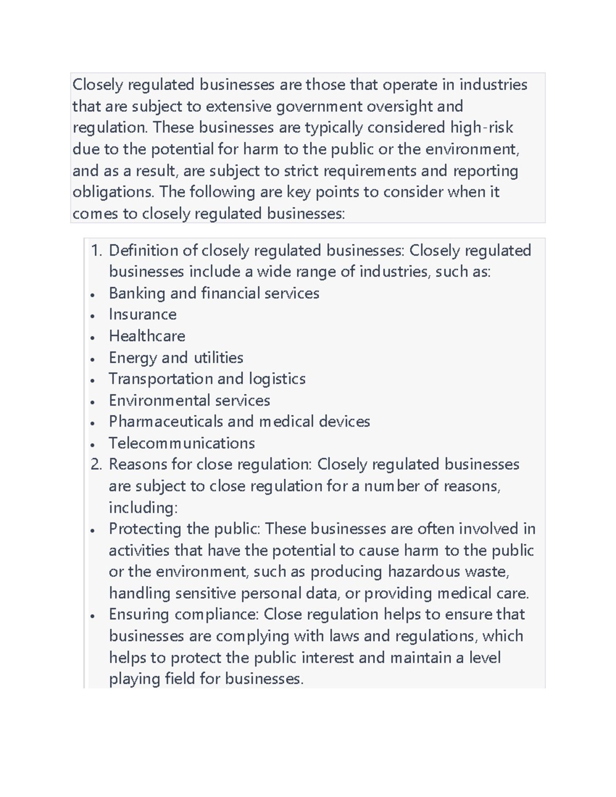 CRB - Notes - Closely regulated businesses are those that operate in ...