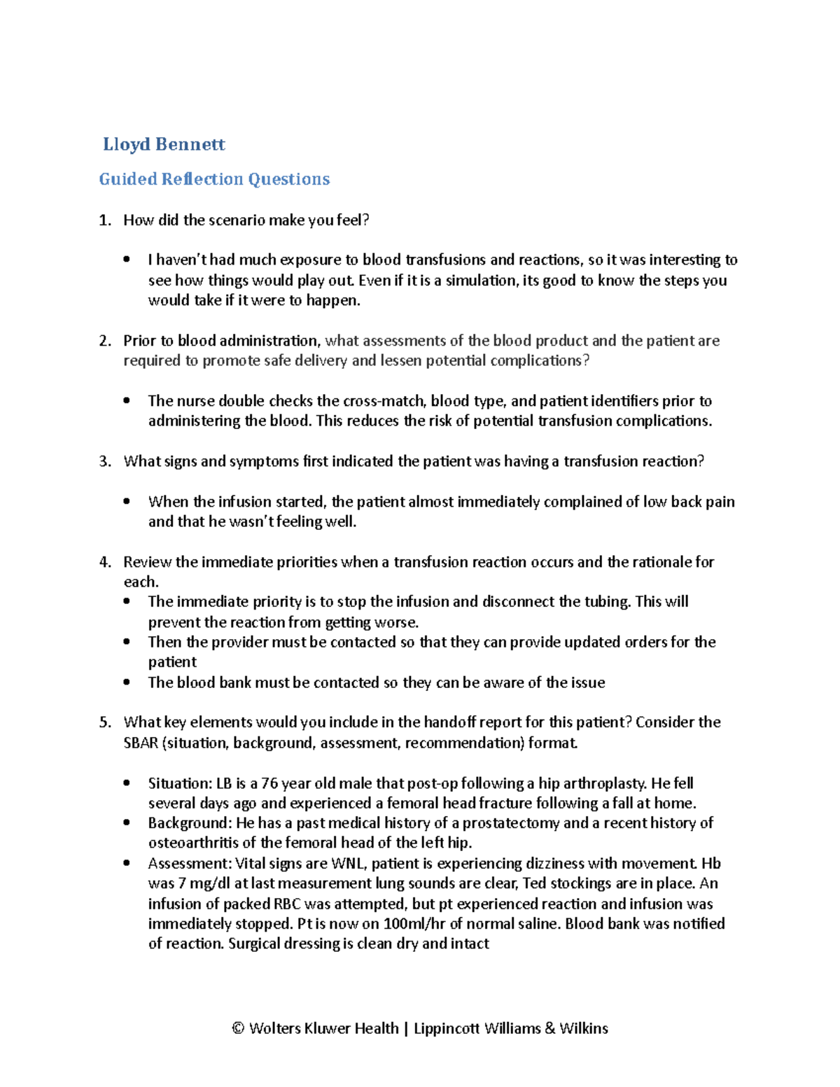 Lloyd Bennett Guided Reflection Questions - NSG 211 - UNE - Studocu