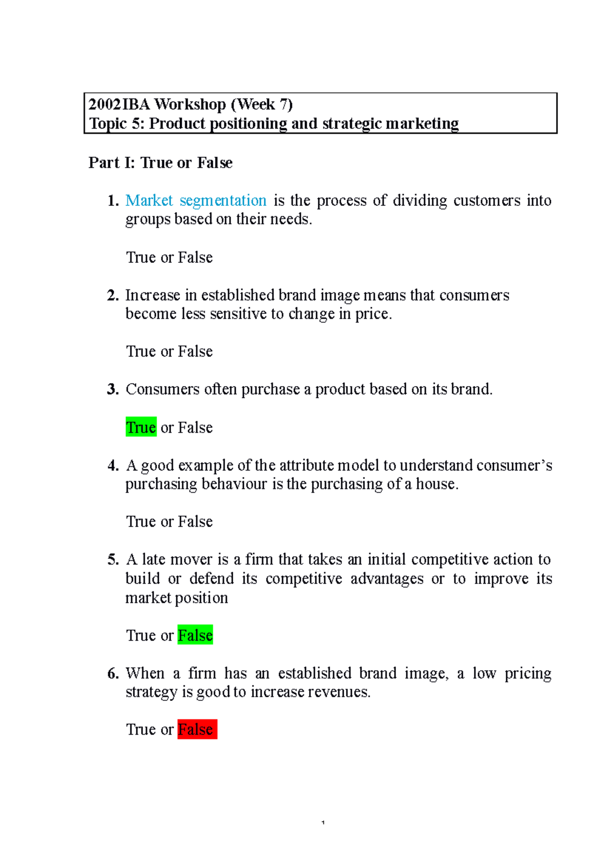 Topic 5 product positioning (Week 7) NOAnswer - 2002IBA Workshop (Week ...
