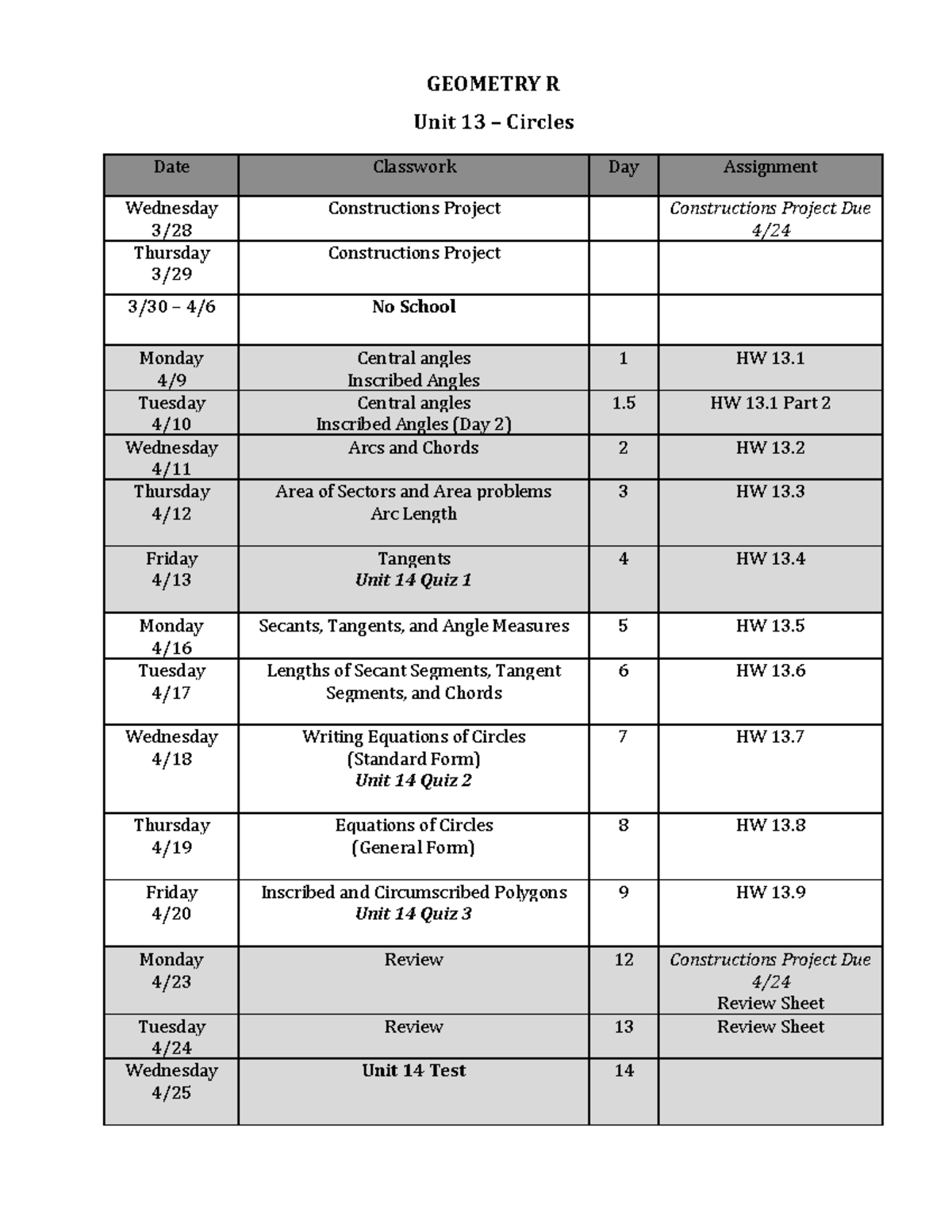 Unit 13 Notes - Circles 2018 - GEOMETRY R Unit 13 – Circles Date ...