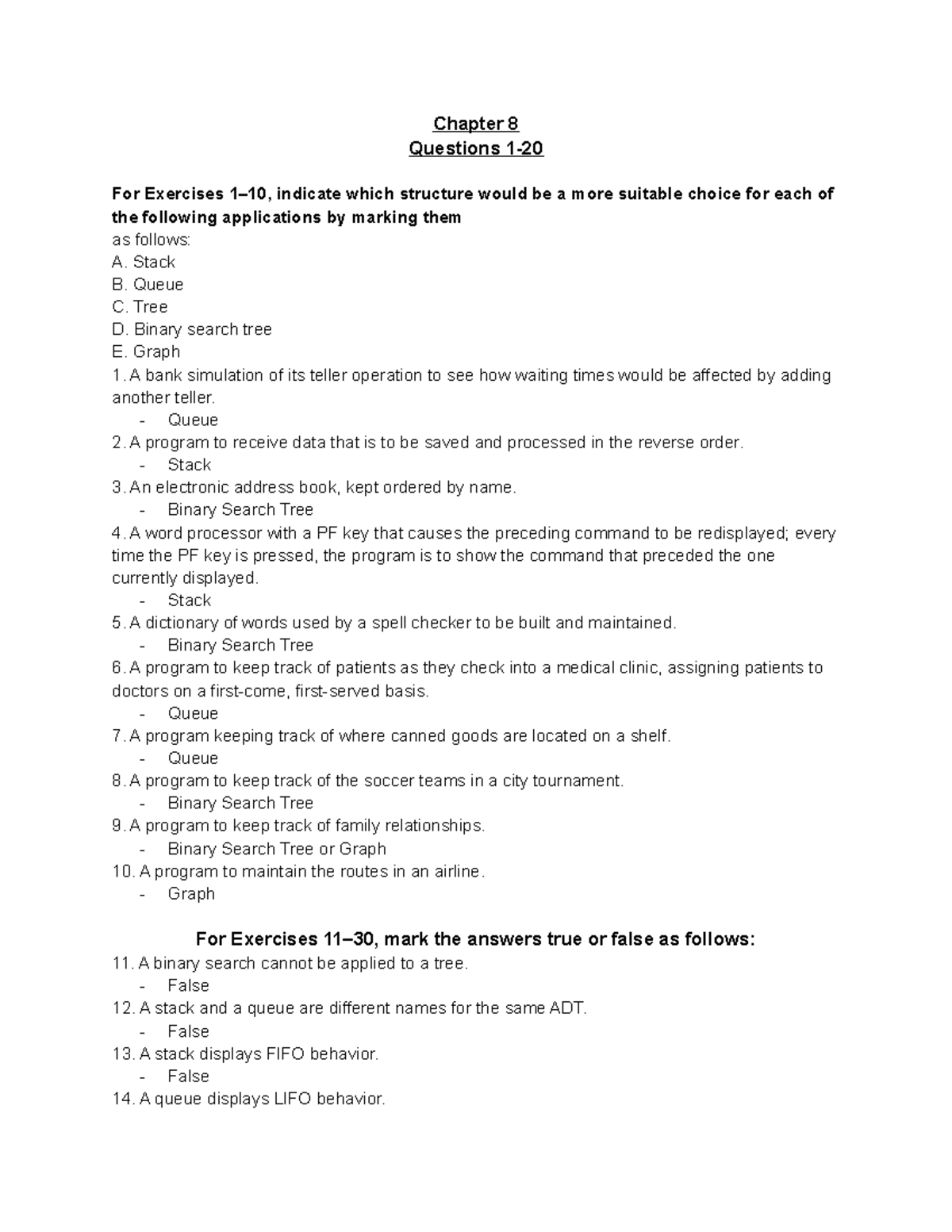 Chapter 8 (CST 1100) - Chapter 8 Questions 1- For Exercises 1–10 ...