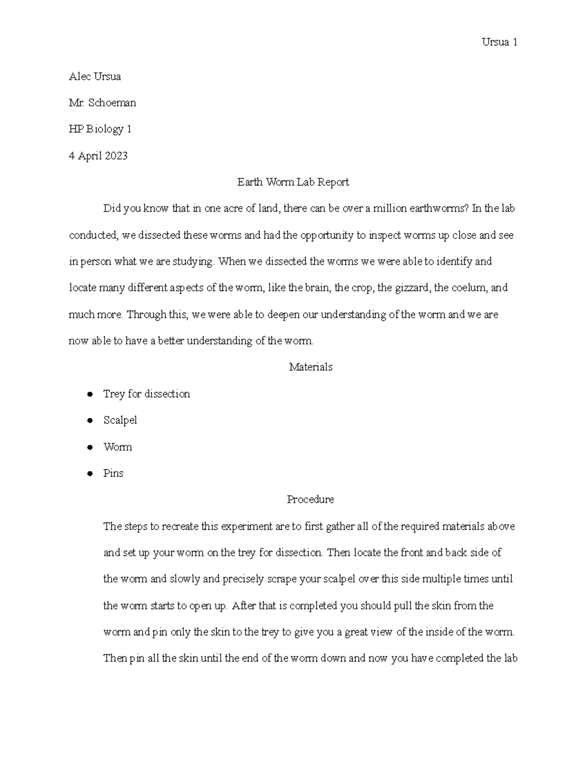 Earth Worm Lab - Ursua 1 Alec Ursua Mr. Schoeman HP Biology 1 4 April ...