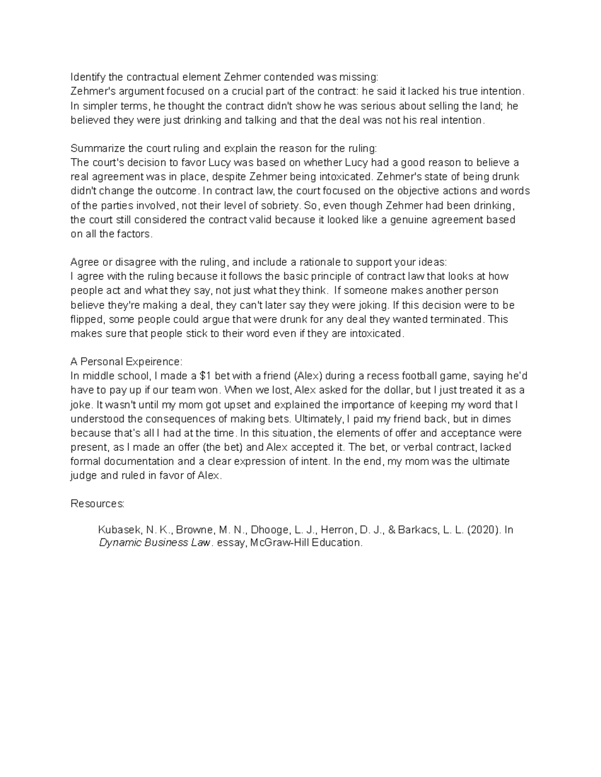 Lucy vs Zehmer - Identify the contractual element Zehmer contended was ...