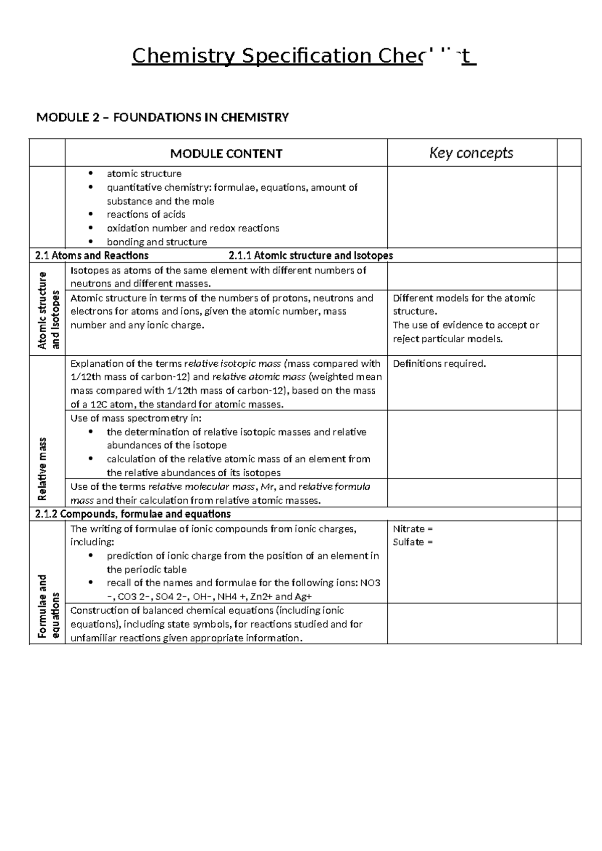Chemistry-Specification-Checklist 2 - Chemistry Specification Checklist ...