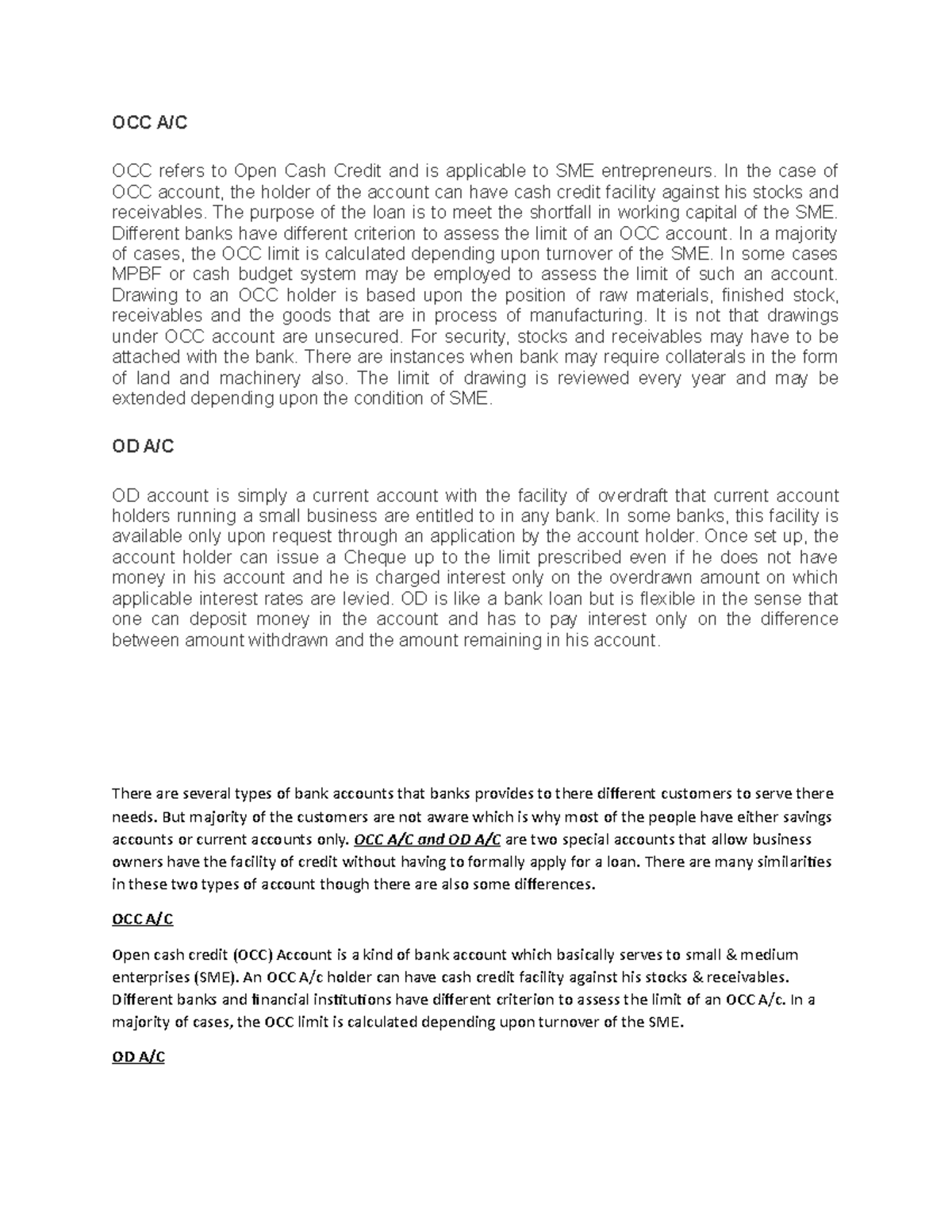 Bank Accounts Types - lecture notes - OCC OCC refers to Open Cash ...