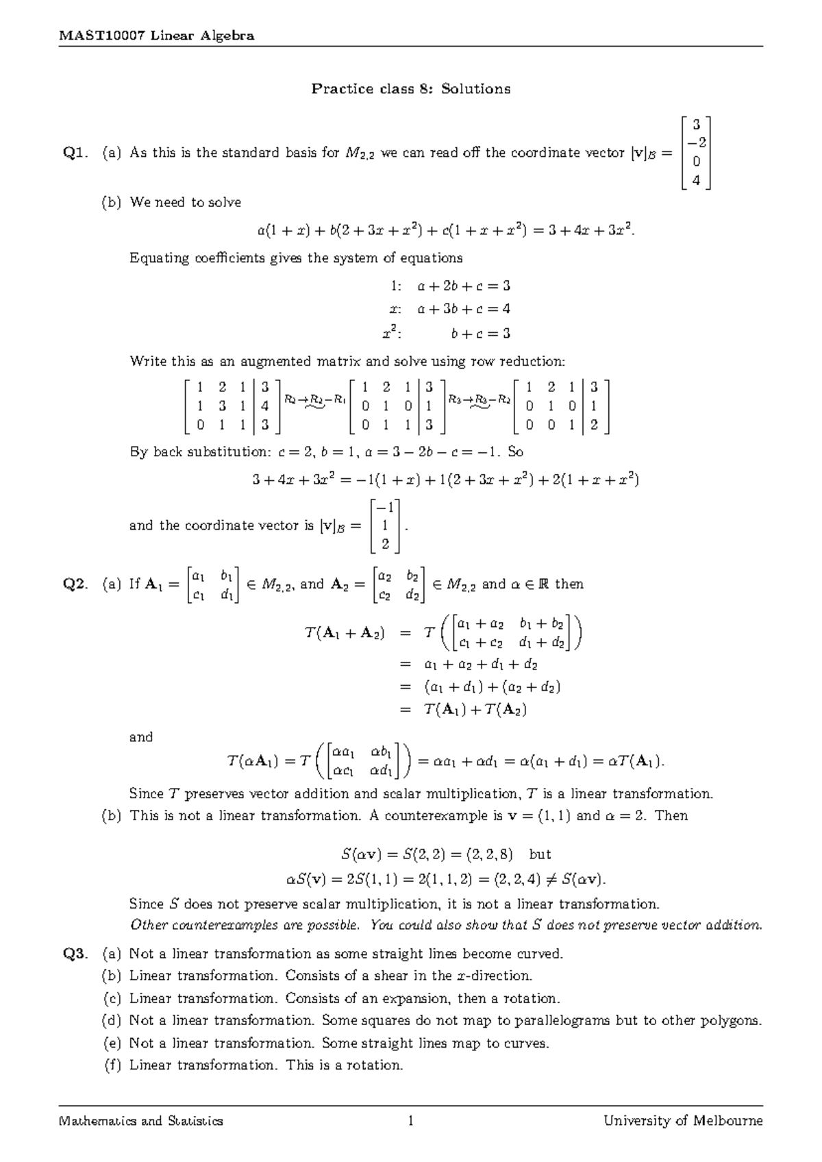 T08solutions-2 - T08solutions-2 - MAST10007 Linear Algebra Practice class 8: Solutions Q1. (a ...
