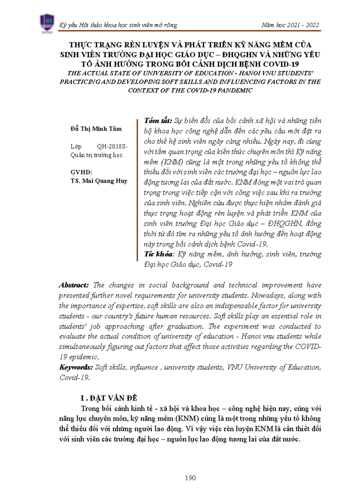 KỶ YẾU KHSV MỞ RỘNG 2022 p196-212 - THỰC TRẠNG RÈN LUYỆN VÀ PHÁT TRIỂN KỸ NĂNG MỀM CỦA SINH VIÊN ...