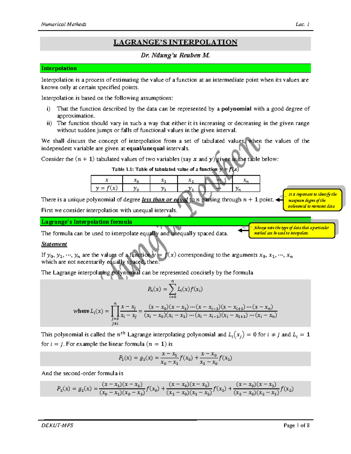 SMA 3261 Lecture 1 Lagrange Interpolation - LAGRANGE’S INTERPOLATION Dr. Ndung’u Reuben M. - Studocu