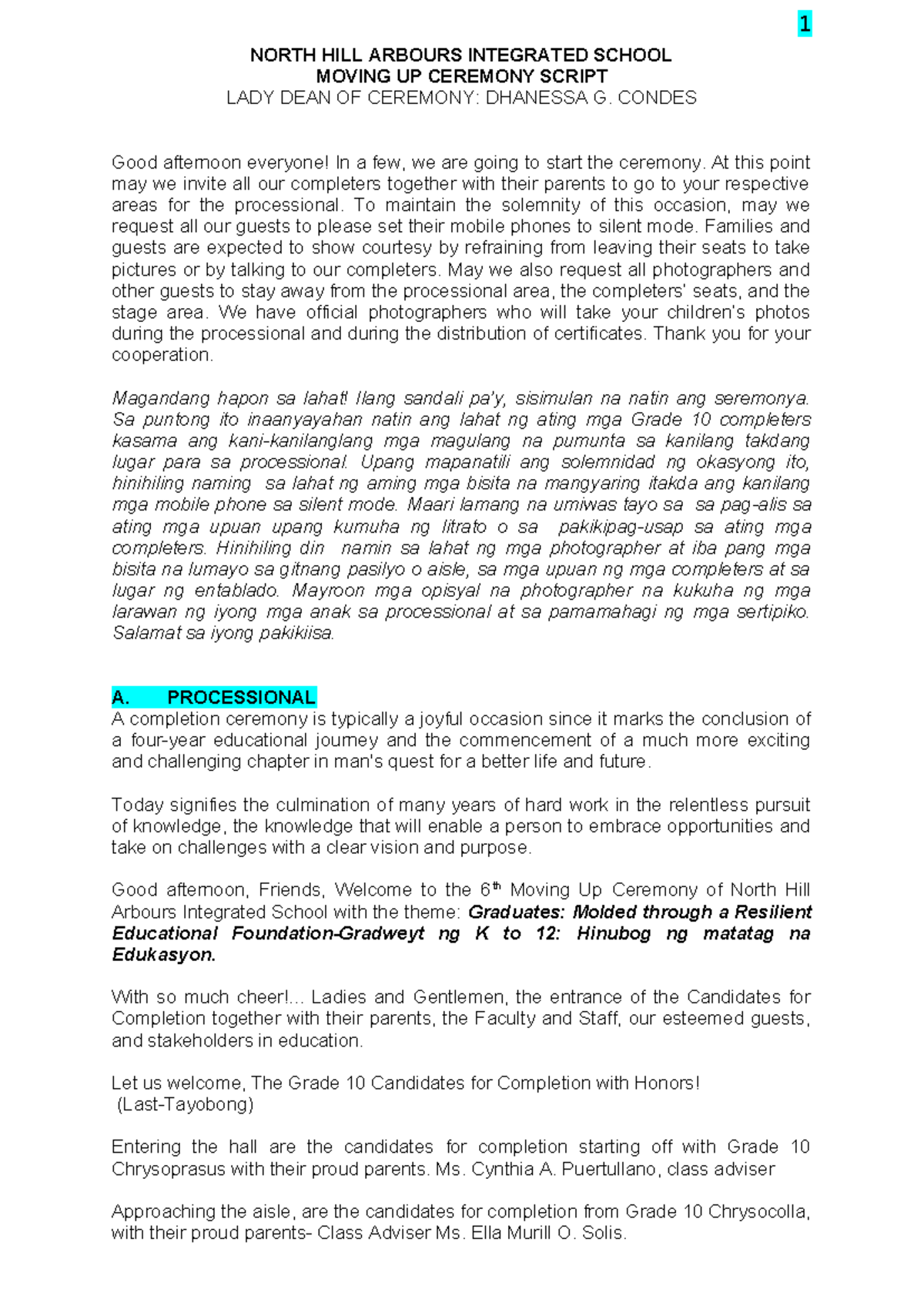 Moving UP 2023 Script - NORTH HILL ARBOURS INTEGRATED SCHOOL MOVING UP ...