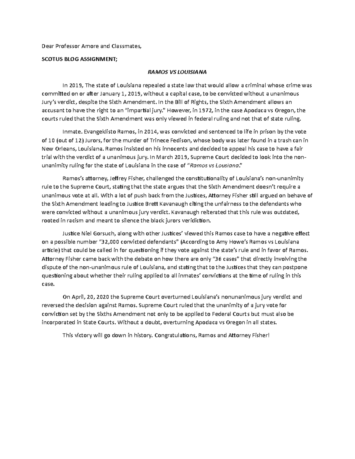 Pereira Week 2 Scotus blog Assignment - Dear Professor Amore and ...