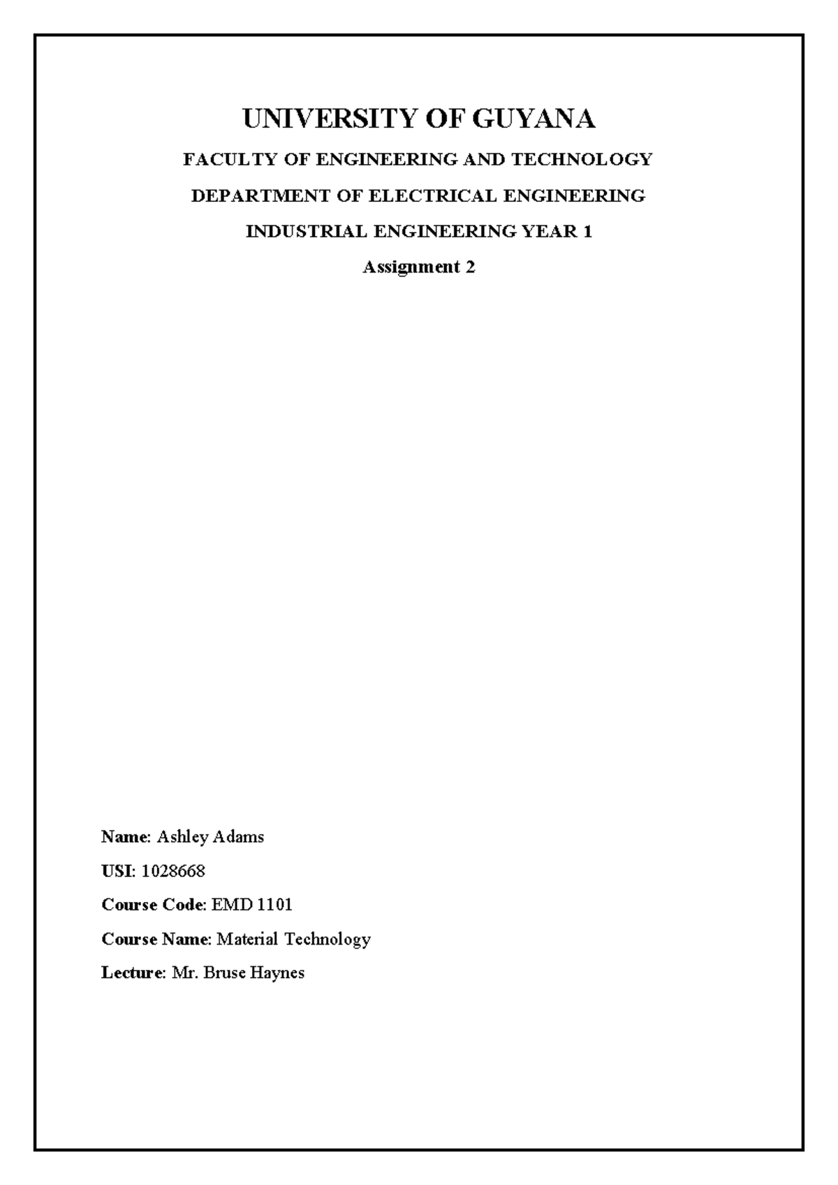 Assignment #2 - UNIVERSITY OF GUYANA FACULTY OF ENGINEERING AND ...