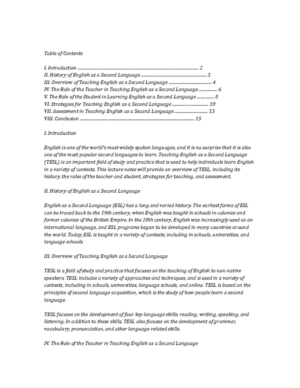 Teaching English as a Second Language Study Notes - Table of Contents I ...
