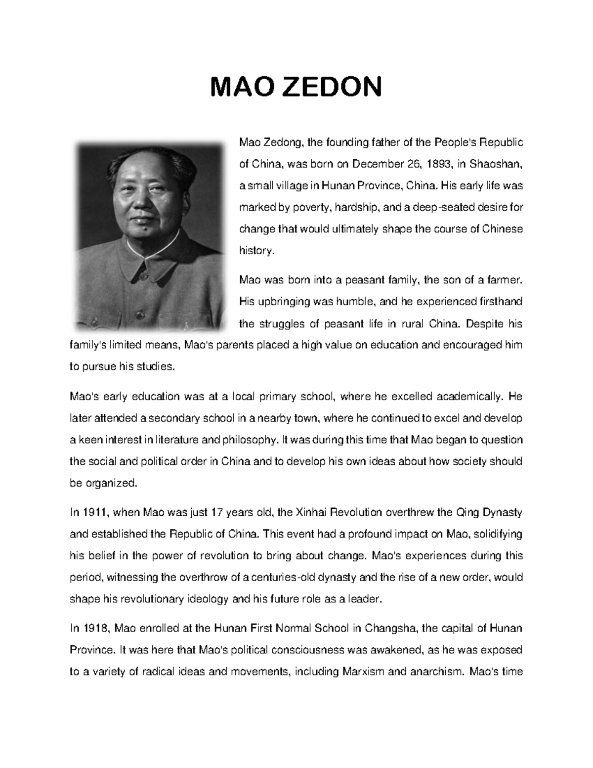 Mao Zedong was born on 26 December 1893 - MAO ZEDON Mao Zedong, the ...