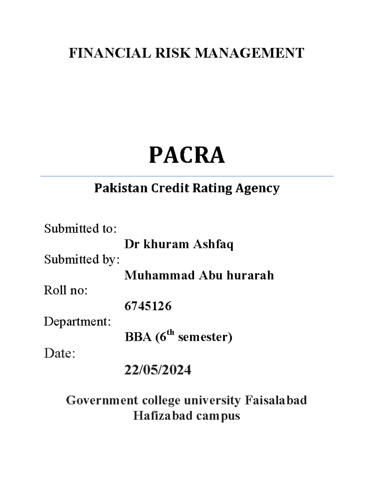 Pakistan credit rating agency , PACRA , Risk measuring - FINANCIAL RISK ...