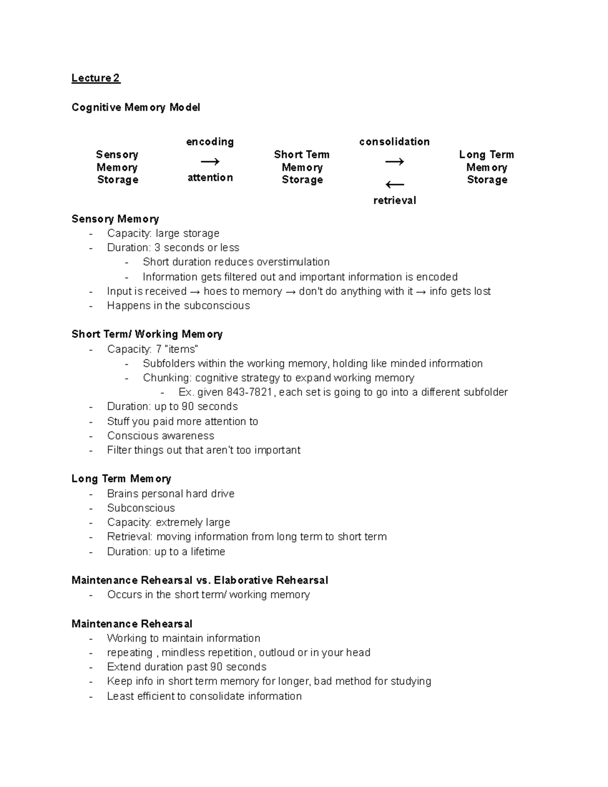 Brain and behavior cognitive memory model notes - Lecture 2 Cognitive ...