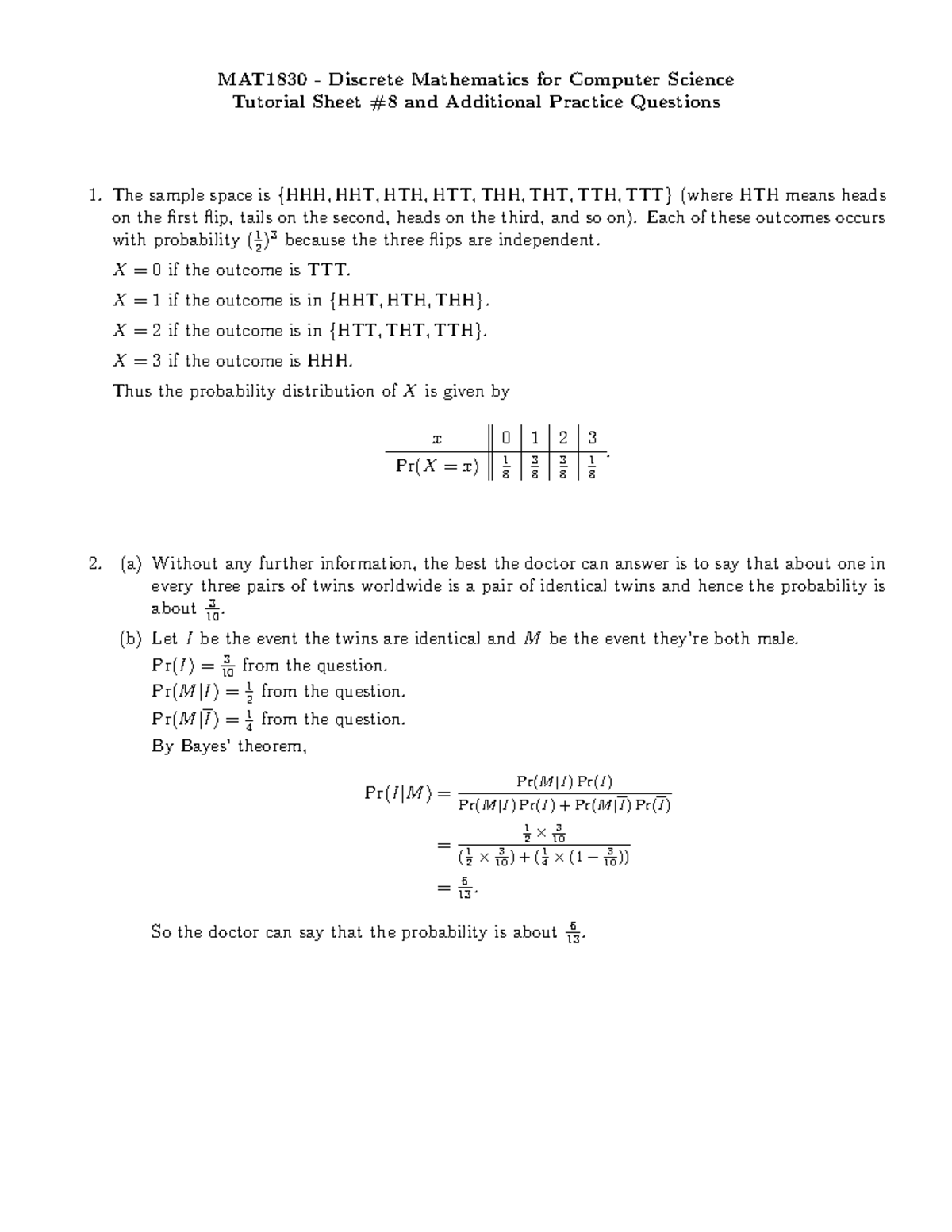 Tutorial 8 Solutions Mat1830 Discrete Mathematics For Computer Science Tutorial Sheet 8 And