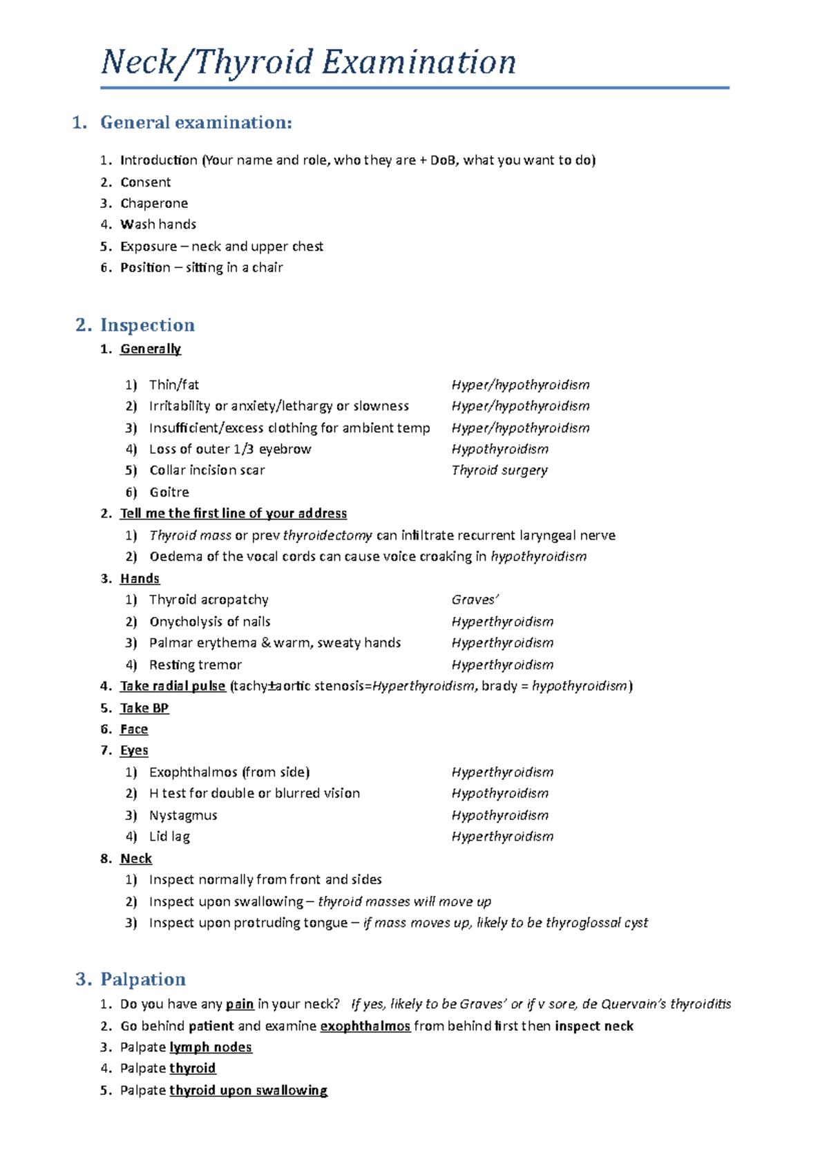 Thyroid Examination - Notes from Year 3 - Neck/Thyroid Examination 1 ...