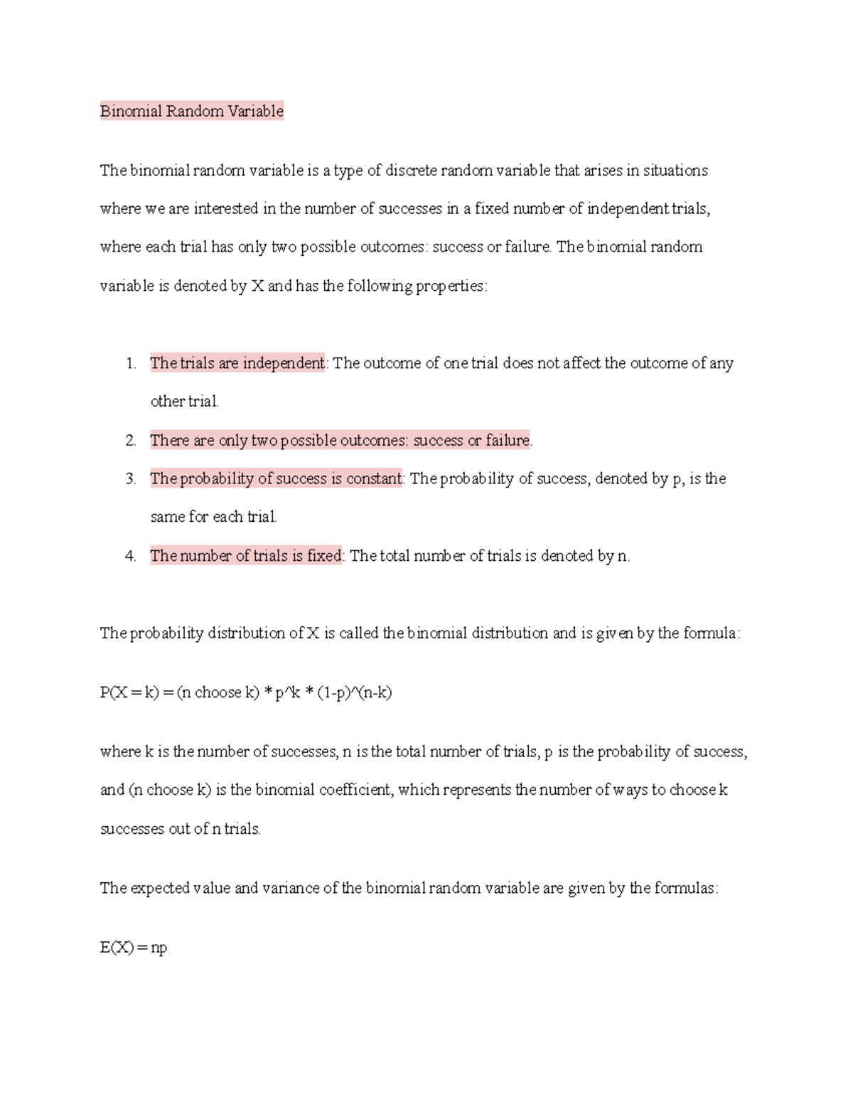 Binomial Random Variable The Binomial Random Variable Is Denoted By X