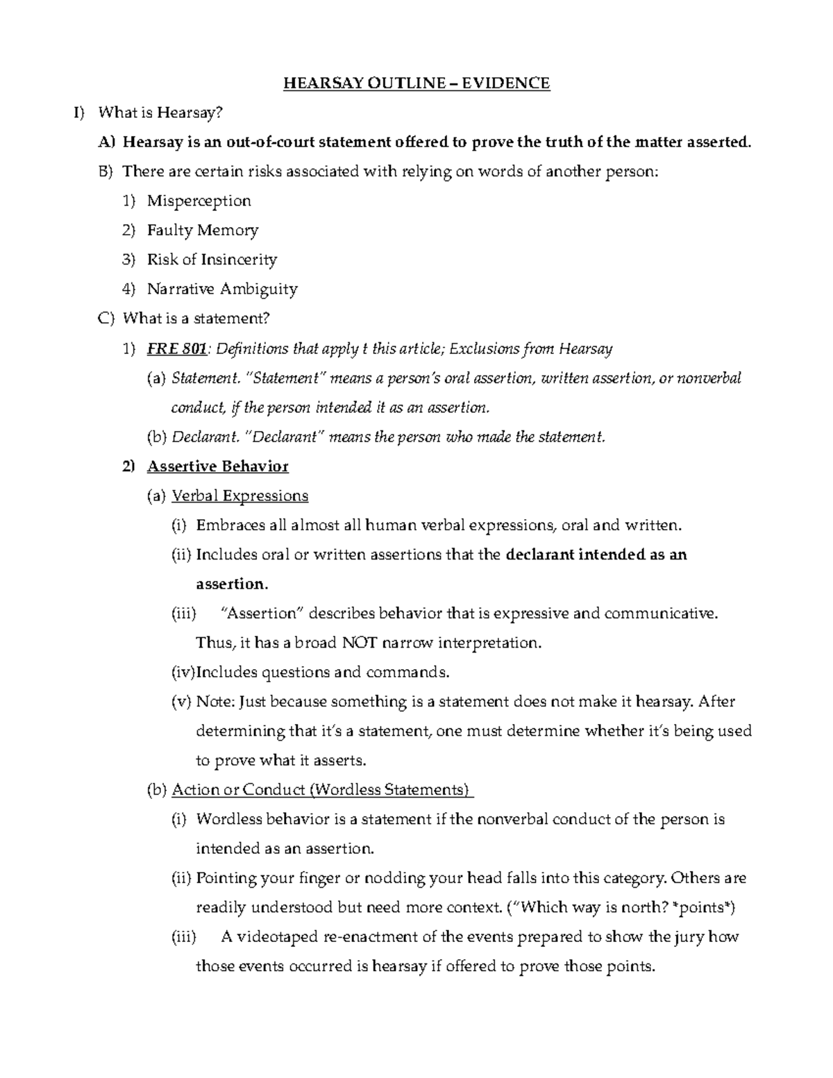Hearsay Outline - HEARSAY OUTLINE – EVIDENCE I)What is Hearsay? A ...