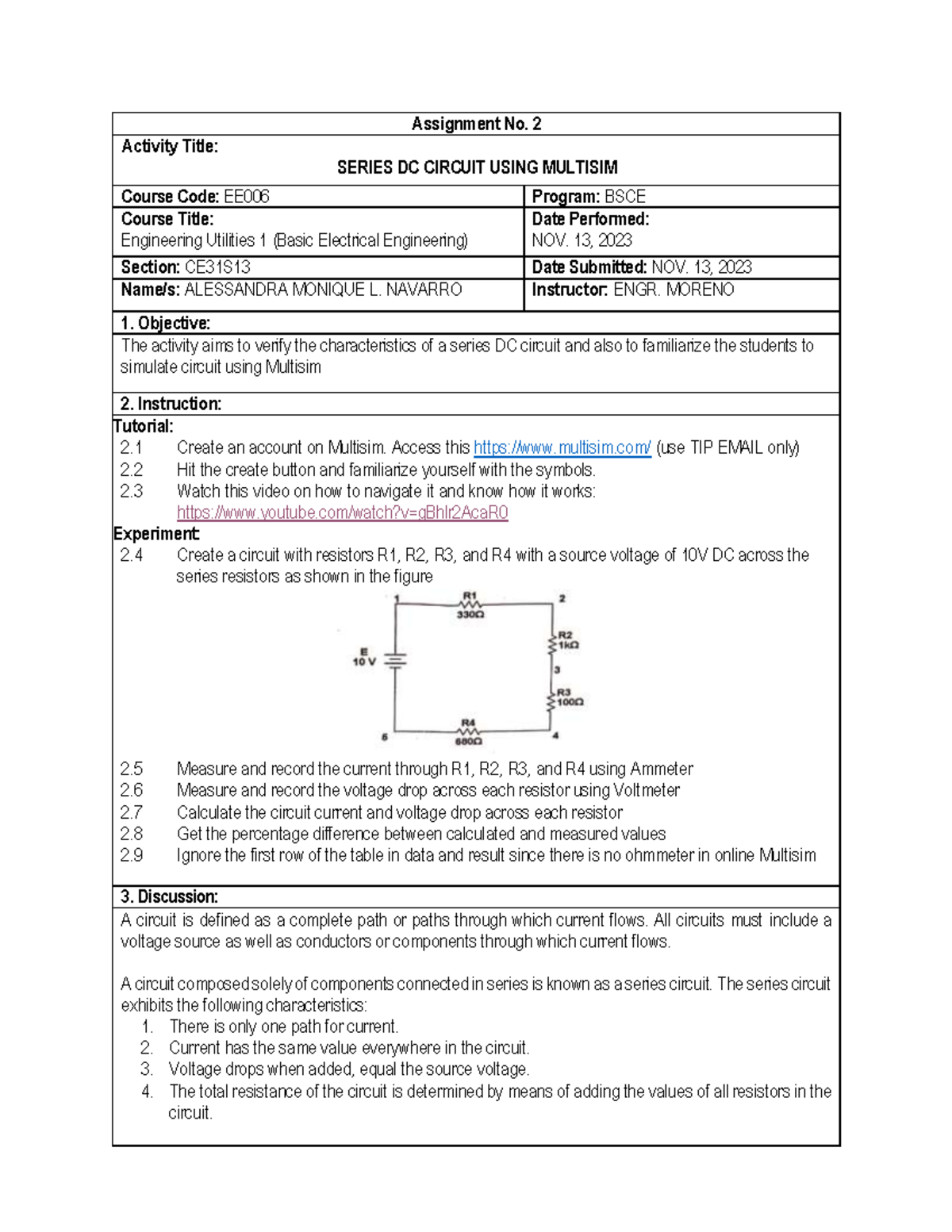 Assignment-2-1 - EE 006 ASSIGNMENTT - Assignment No. 2 Activity Title: SERIES DC CIRCUIT USING ...