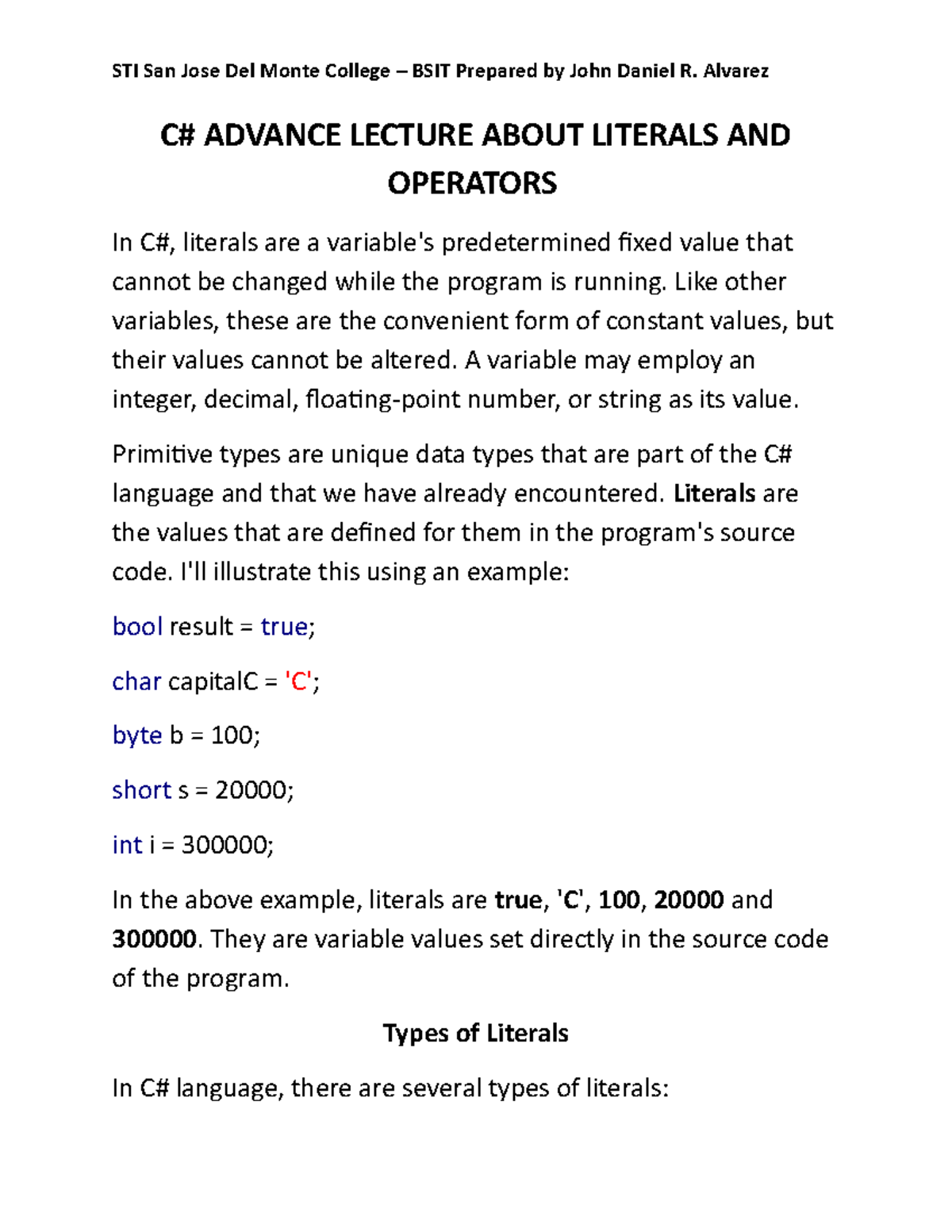 C Sharp Advance Lecture About Literals And Operators C Advance