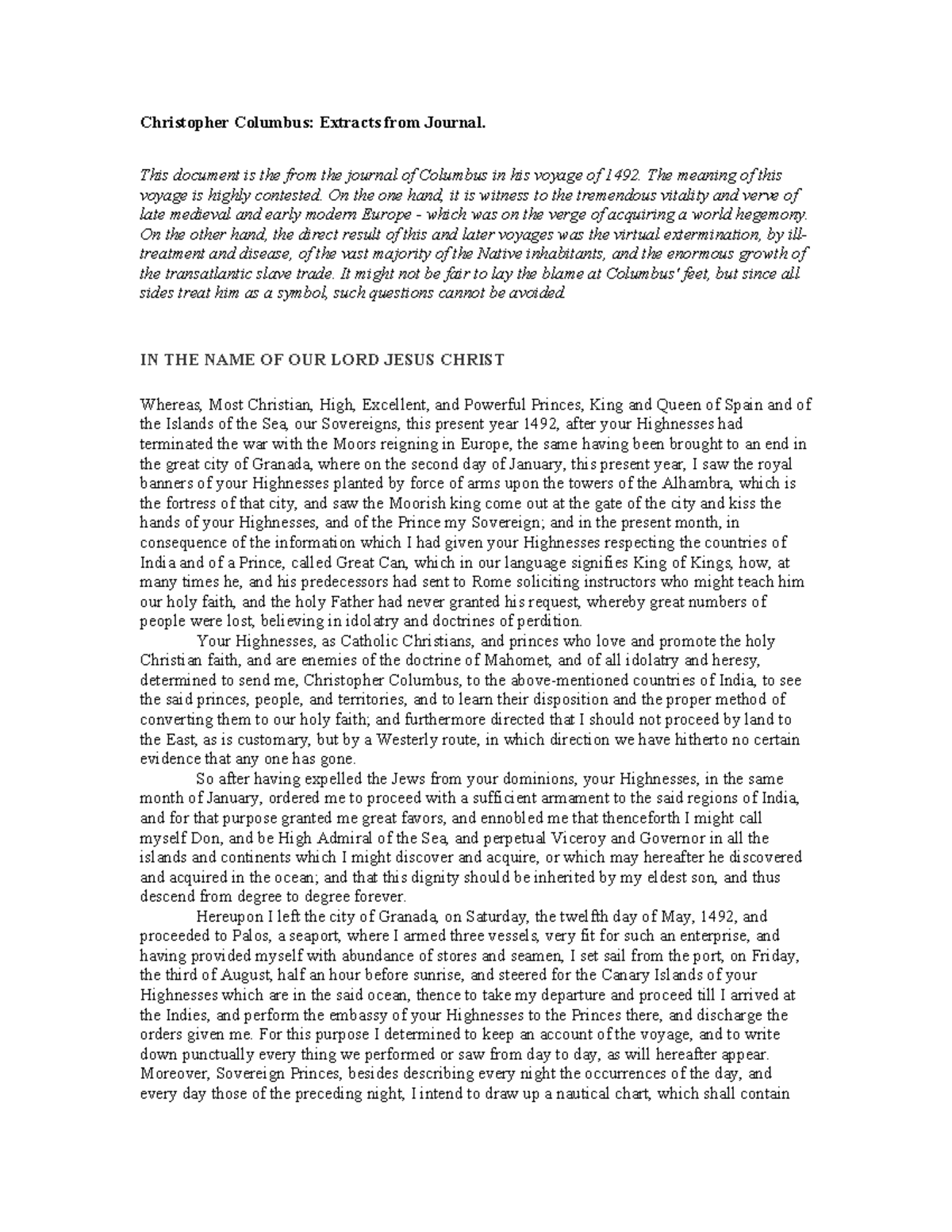 Christopher Columbus Journals - Christopher Columbus: Extracts from ...