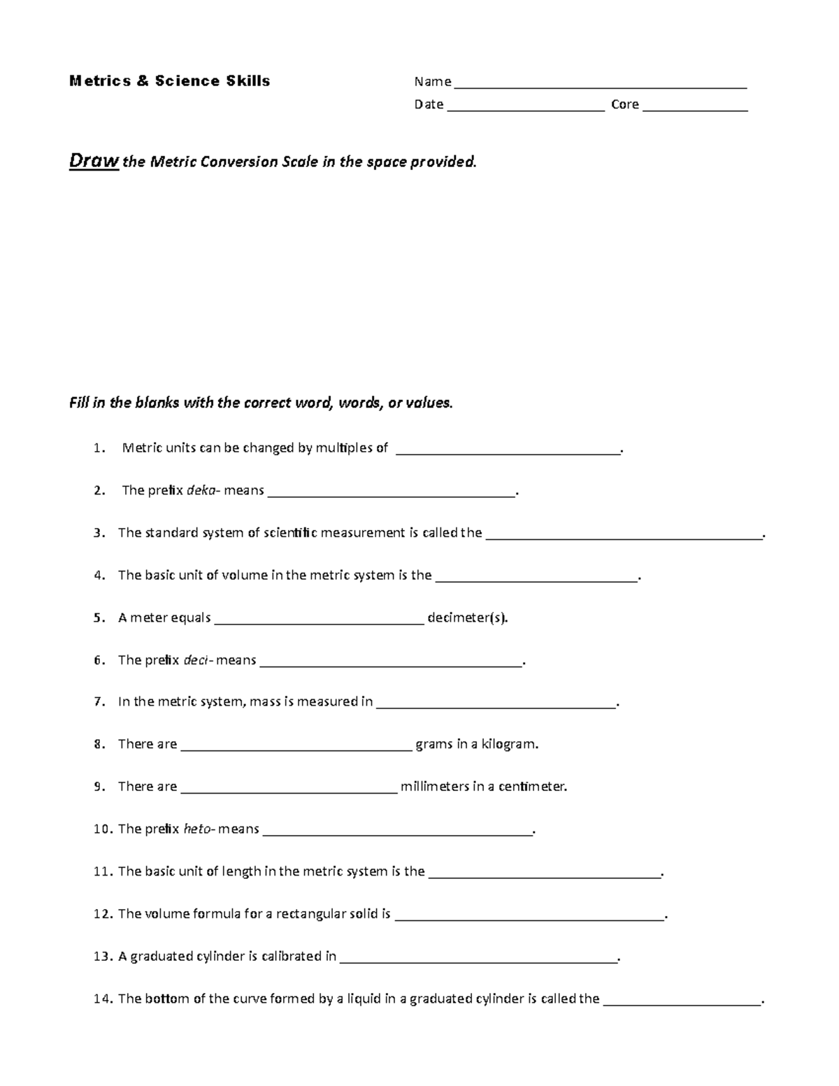 Metric review sheet - Metrics & Science Skills Name