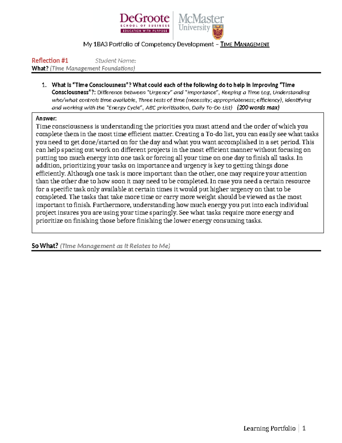 LP Reflection #1 - 1BA3 - Time Management - Fall 2022 - My 1BA3 Portfolio of Competency ...