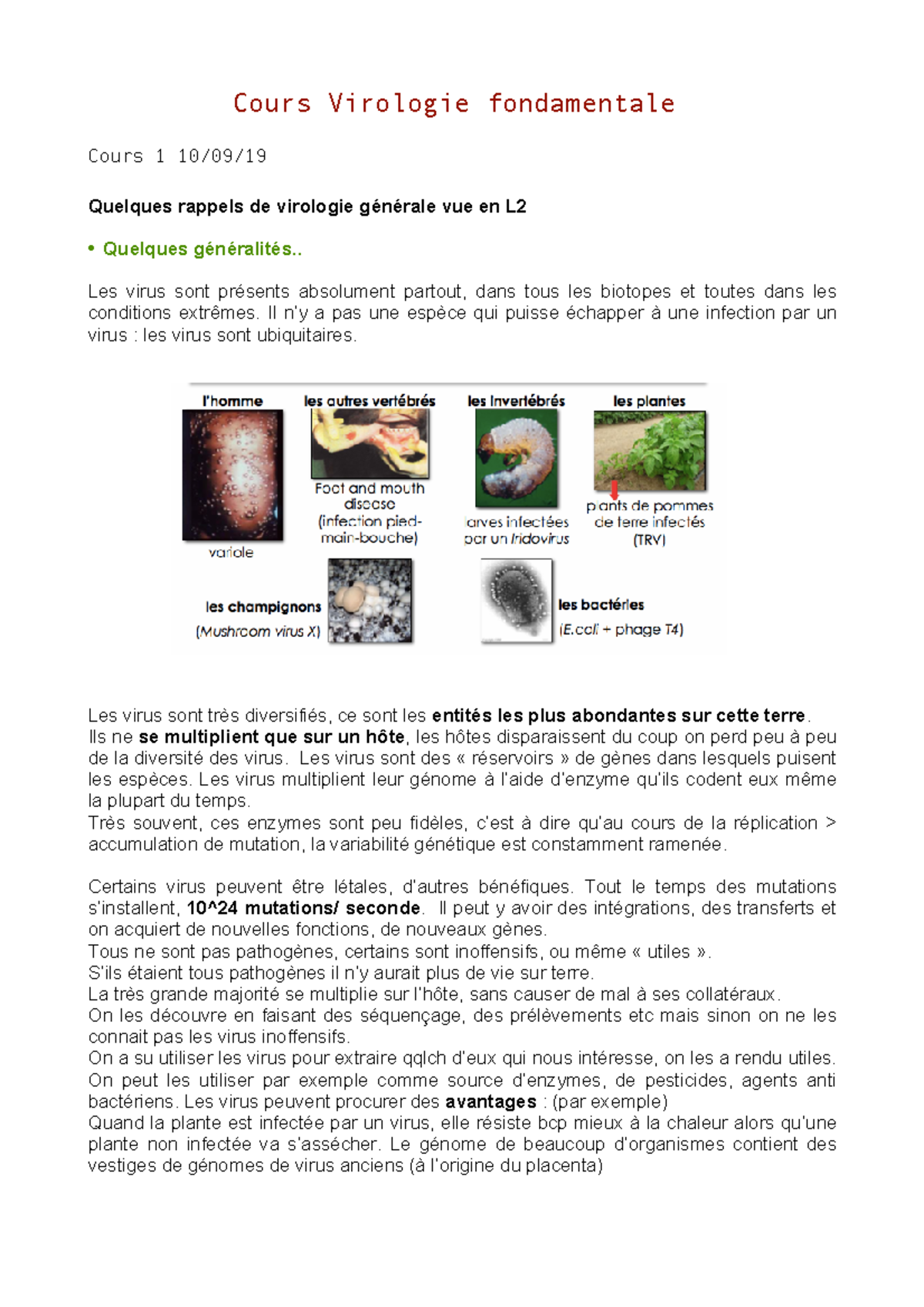 Cours Virologie CM 1a CM7 - Cours Virologie fondamentale Cours 1 10/09/ Quelques rappels de ...