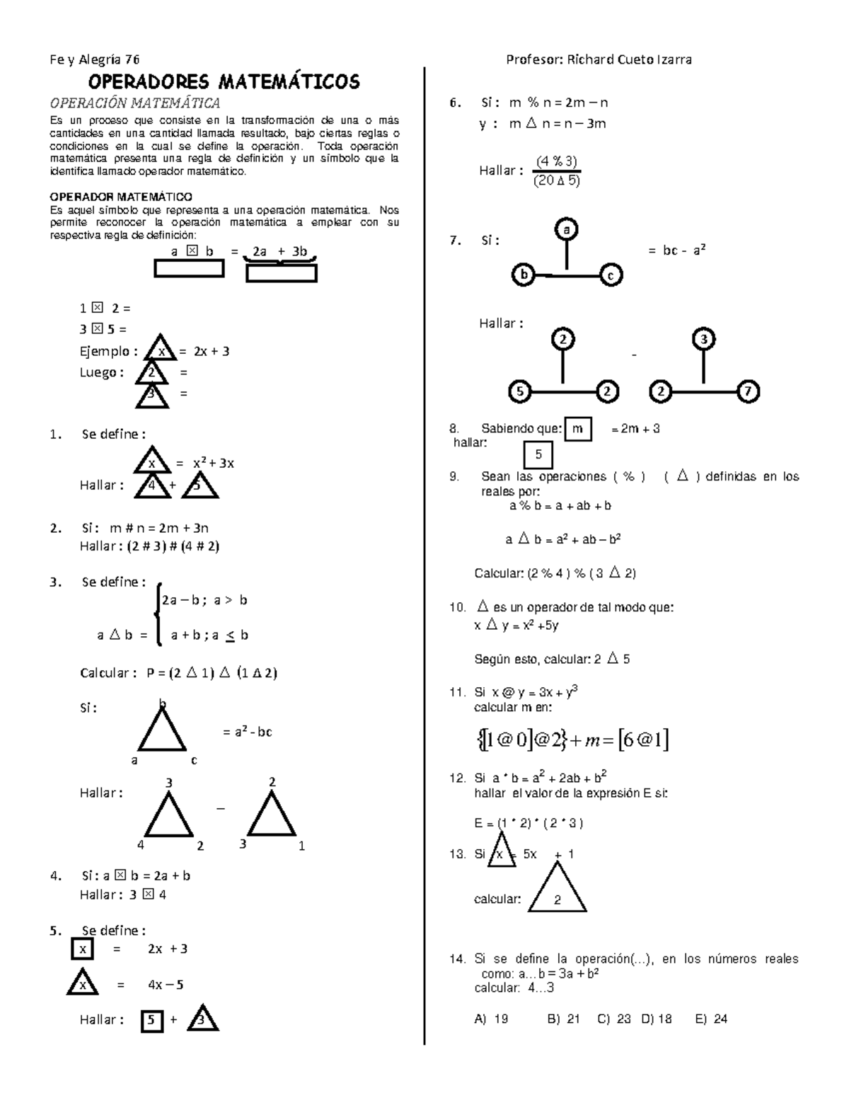 Operadores Matemáticos - Fe y Alegría 76 Profesor: Richard Cueto Izarra ...