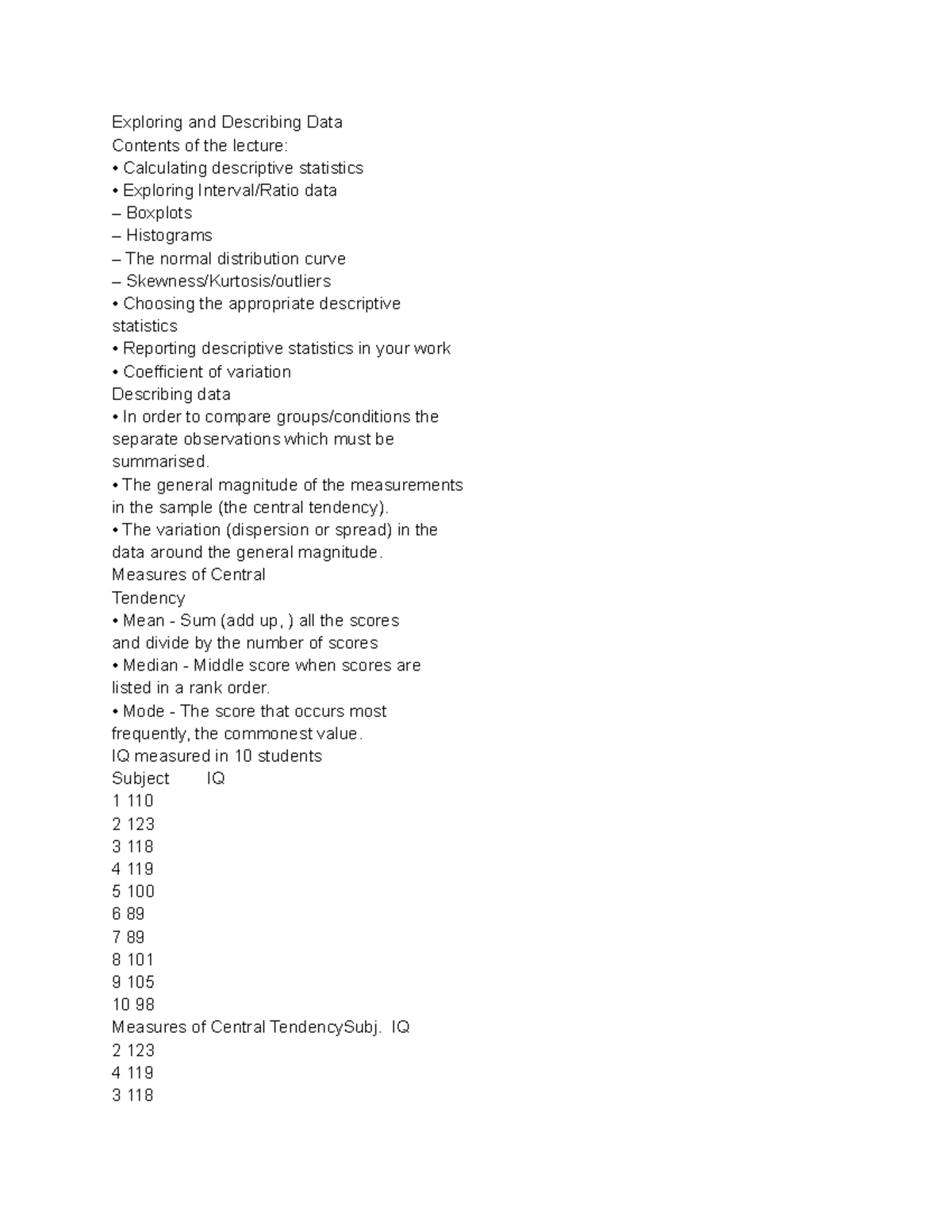 Exploring and Describing Data - Exploring and Describing Data Contents of the lecture ...