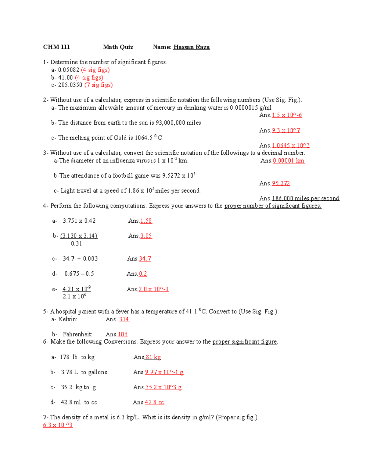 CHM 111 Math Quiz - Refresher math quiz for chemistry - CHM 111 Math ...