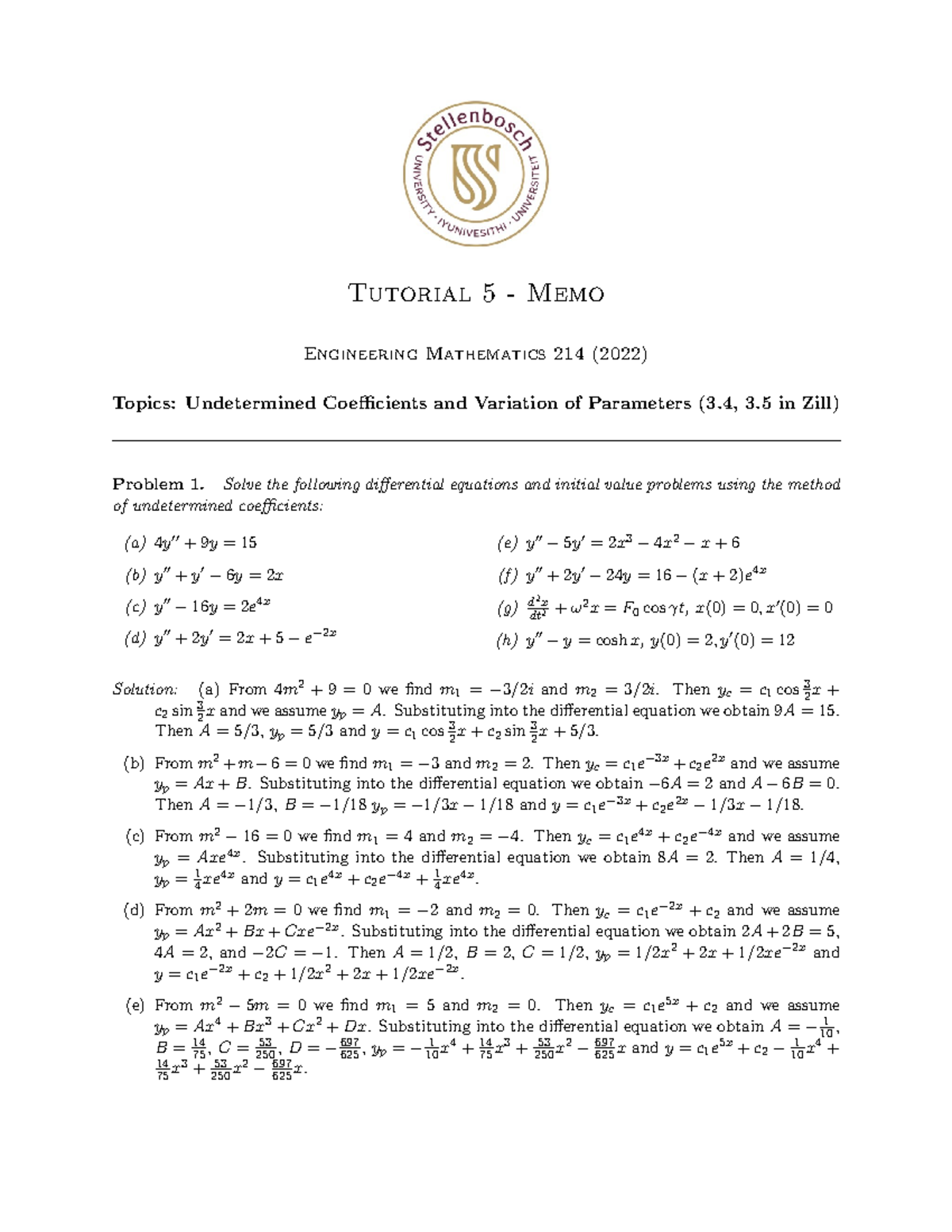 Memo 5 Tutorial Memo For Engineering Maths 214 Differential Equations Tutorial 5 Memo