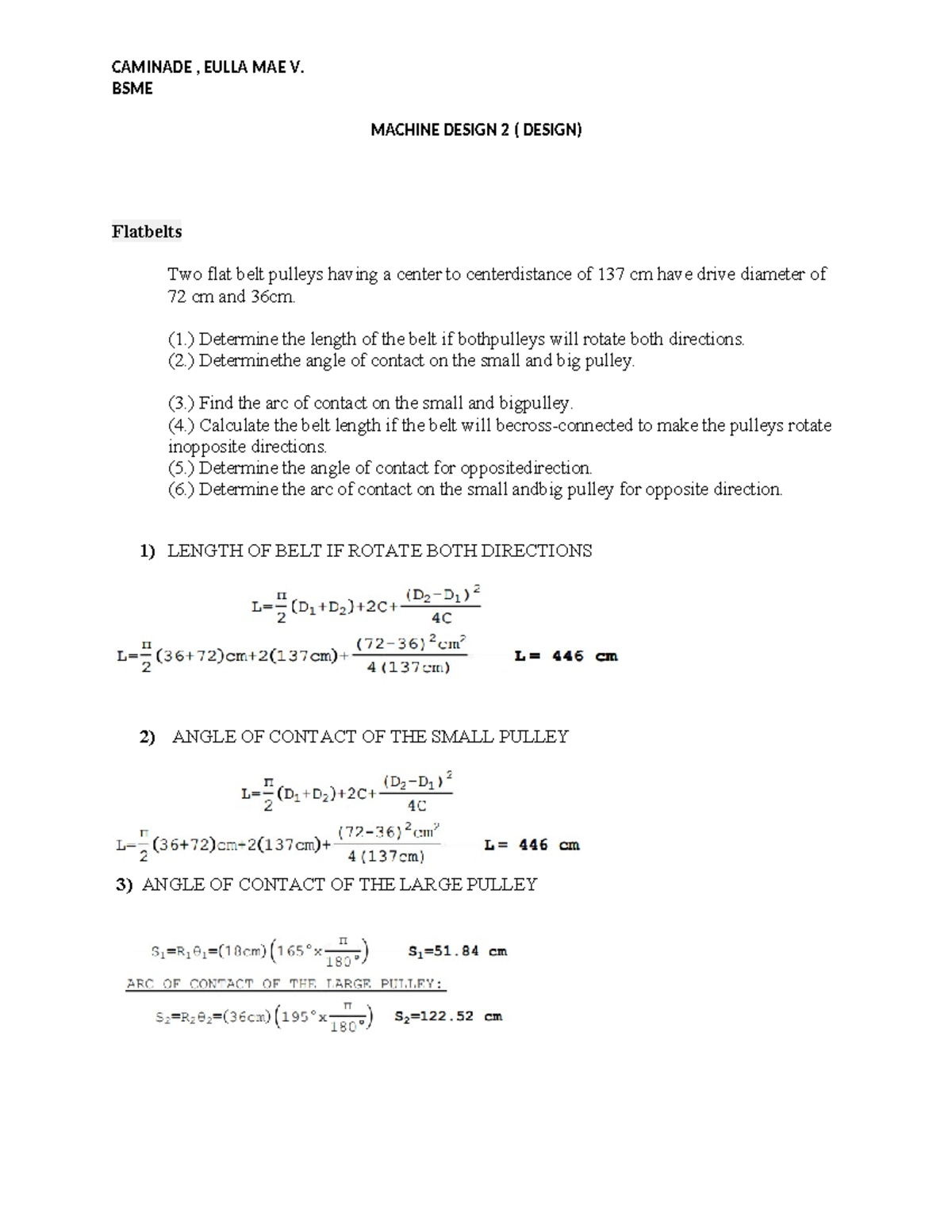 FLAT- Belts - BSME MACHINE DESIGN 2 ( DESIGN) Flatbelts Two flat belt pulleys having a center to ...