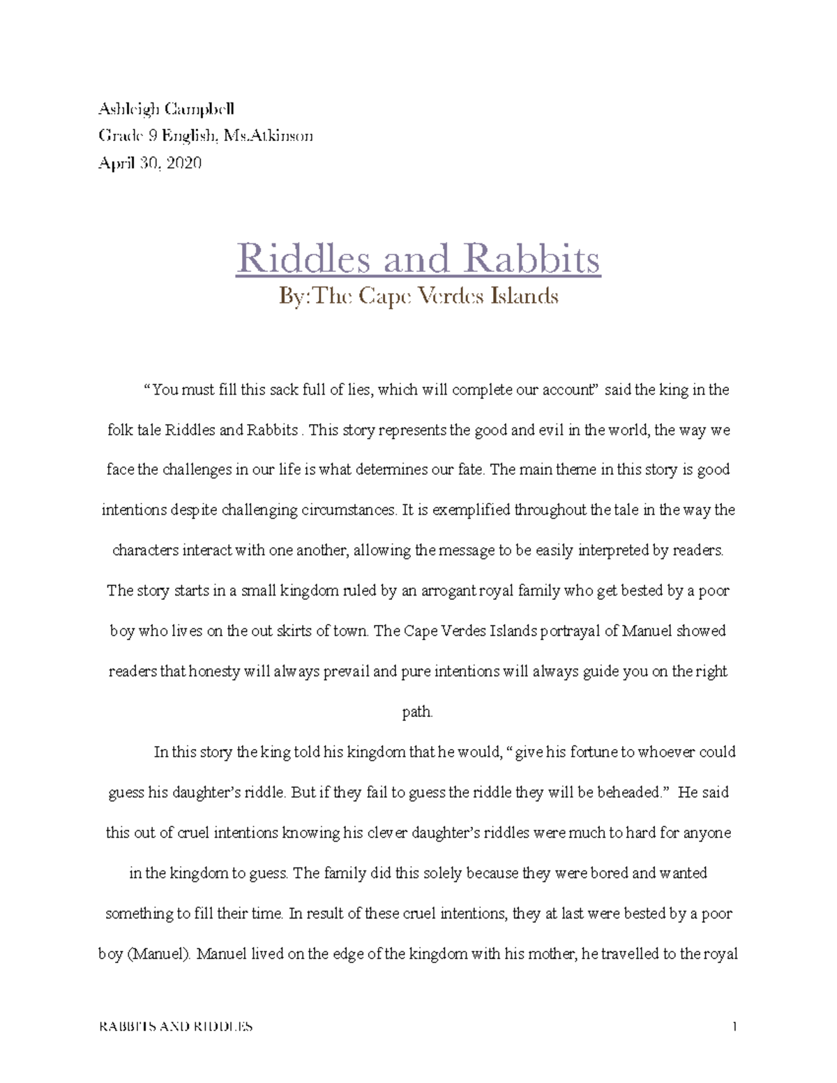 Riddles and Rabbits literary essay - Ashleigh Campbell Grade 9 English ...