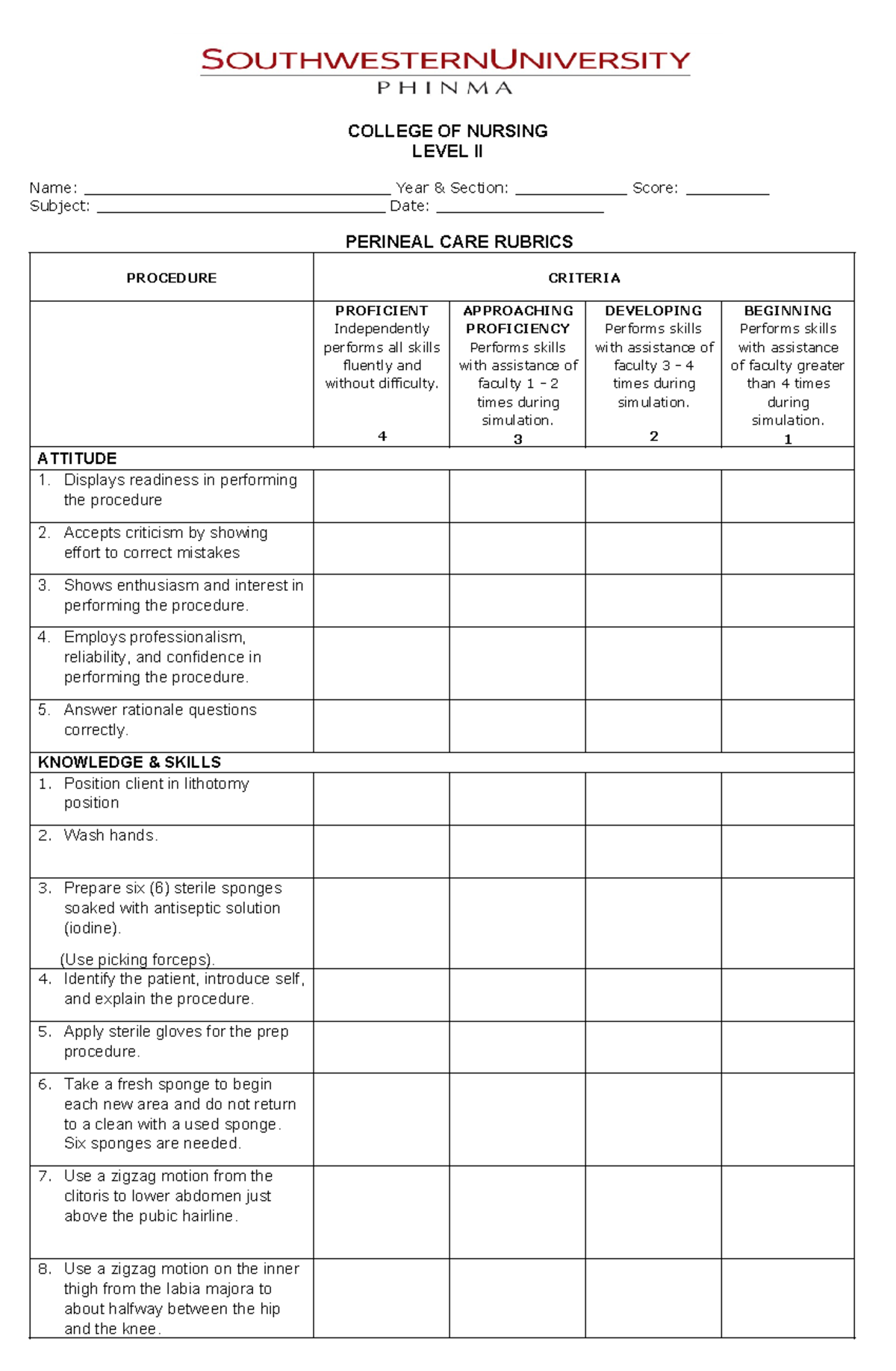 Perineal CARE rubrics - COLLEGE OF NURSING LEVEL II Name