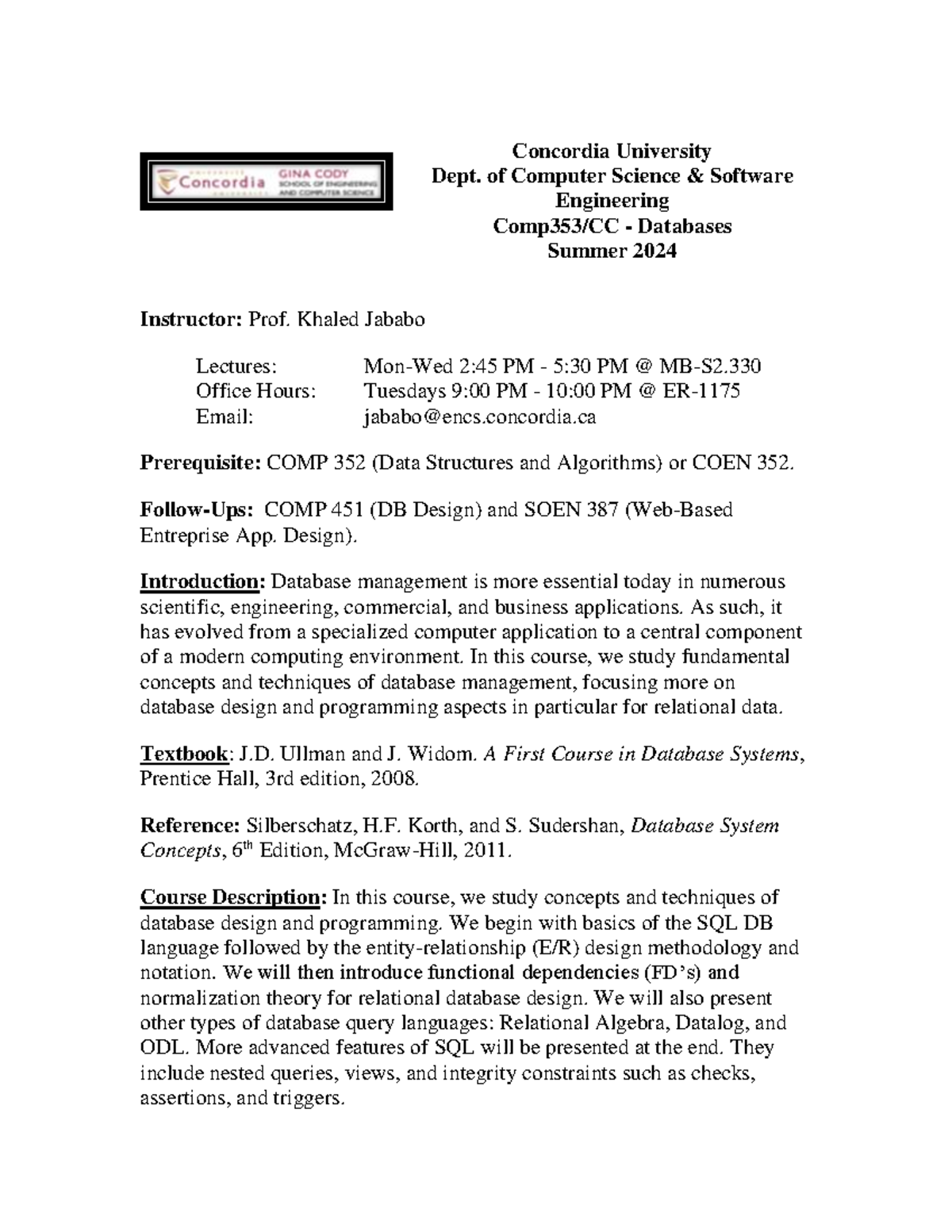 Comp353 CC Course Outline Summer 2024 - Concordia University Dept. of Computer Science & - Studocu