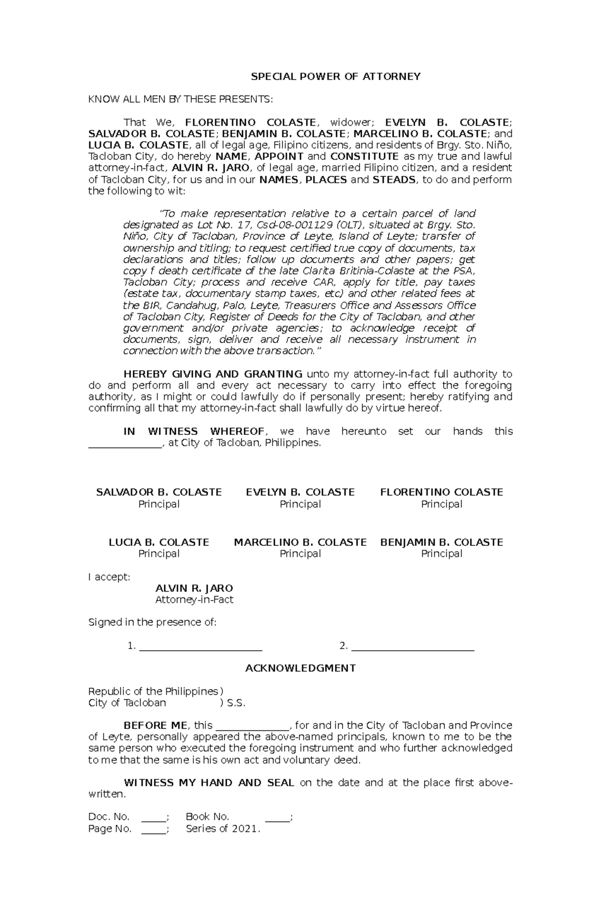 1SPA-Alvin-Colaste - adsafasd adssa - SPECIAL POWER OF ATTORNEY KNOW ...