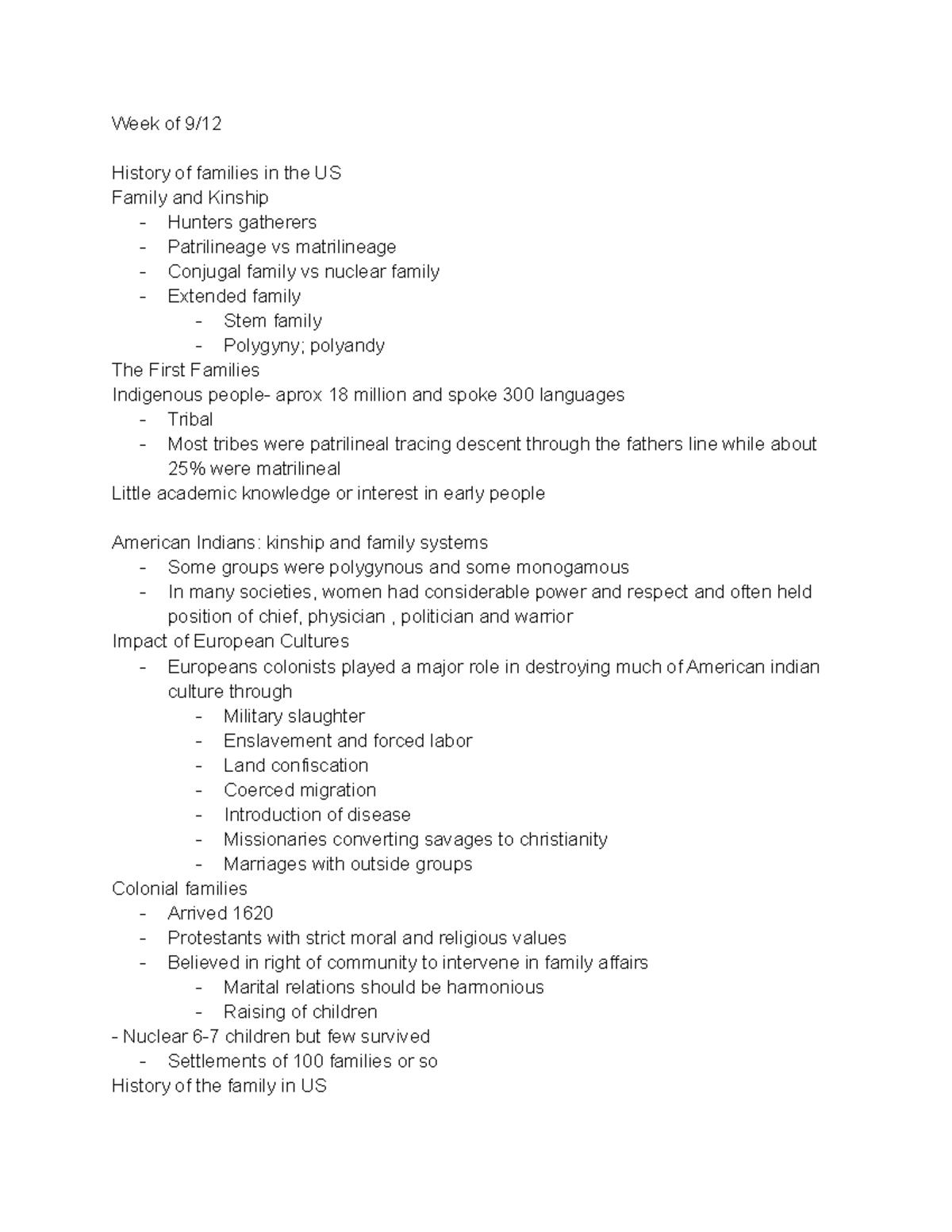 HDFS - Second week of notes - Week of 9/ History of families in the US ...