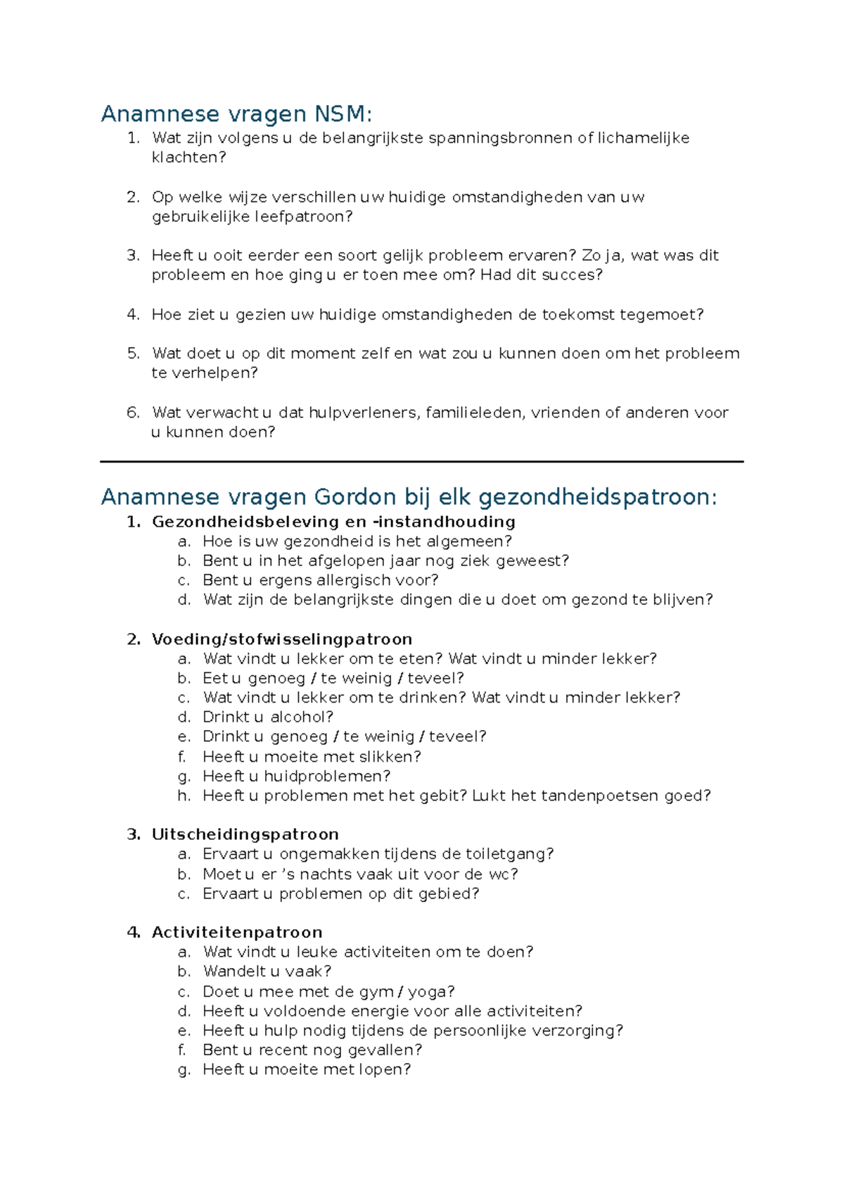 Anamnesevragen NSM & gezondheidspatronen Gordon - Anamnese vragen NSM ...