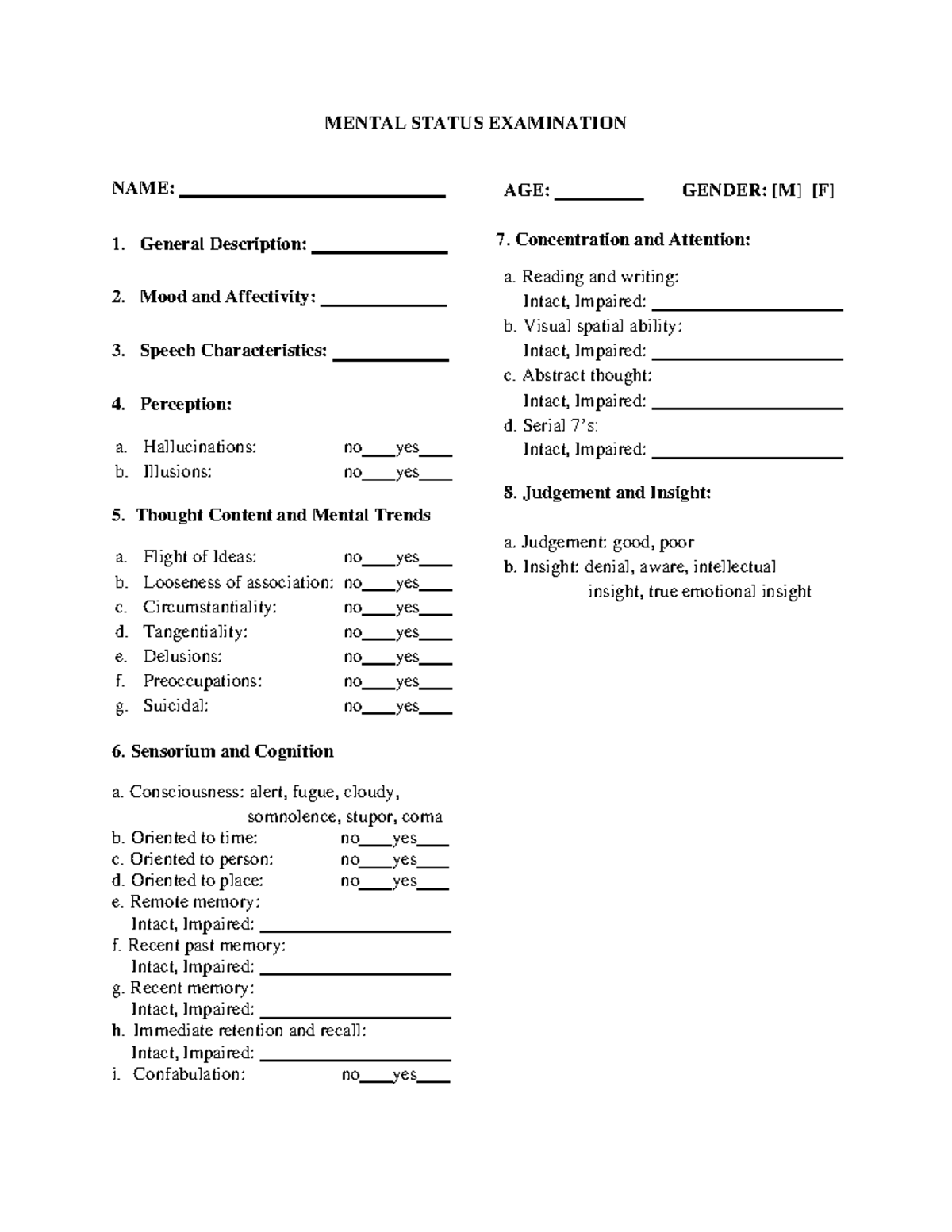 Mental-status-examination - MENTAL STATUS EXAMINATION NAME: AGE: GENDER ...