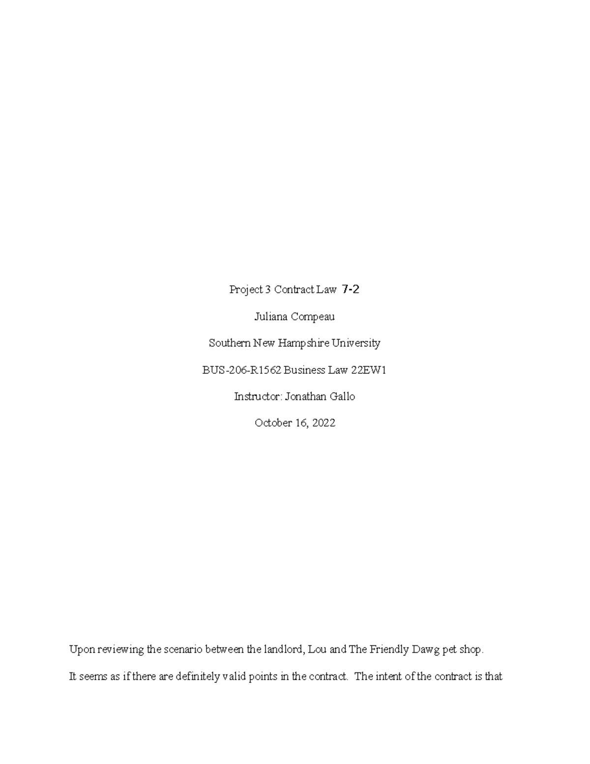 7-2 Project 3 Contract Law - Project 3 Contract Law7- Juliana Compeau ...