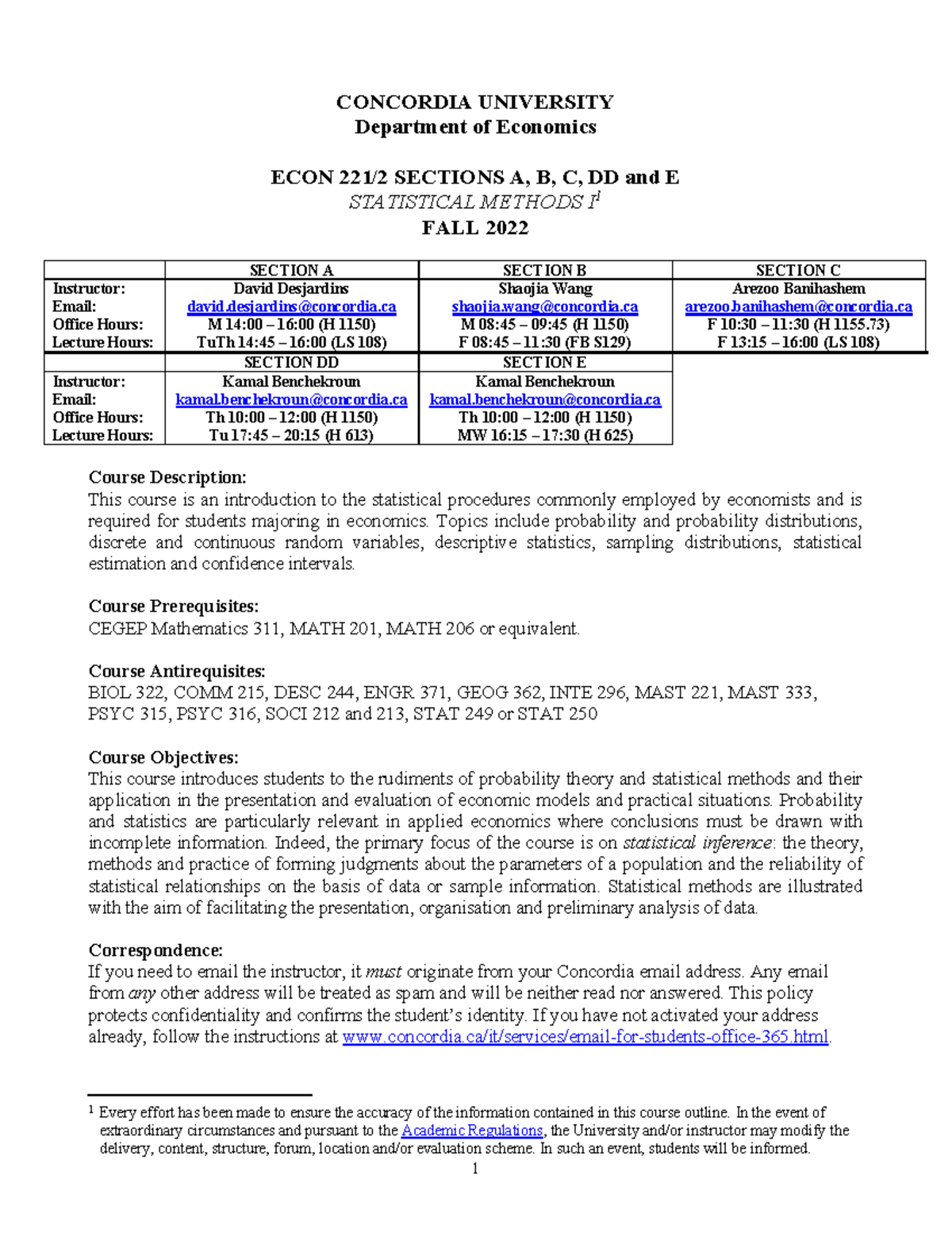 ECON221 Outline (2022F - Wang and Banihashem) - CONCORDIA UNIVERSITY ...