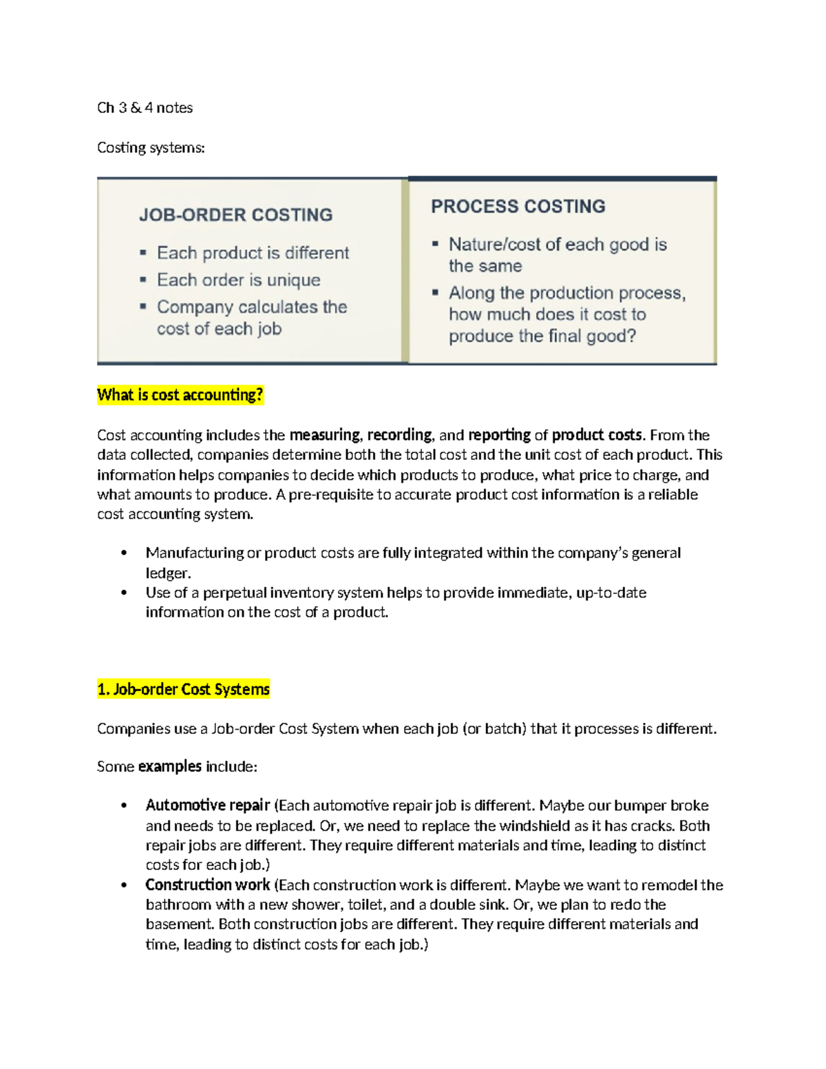 Ch 3 & 4 - ch3 and 4 study notes - Ch 3 & 4 notes Costing systems: What ...