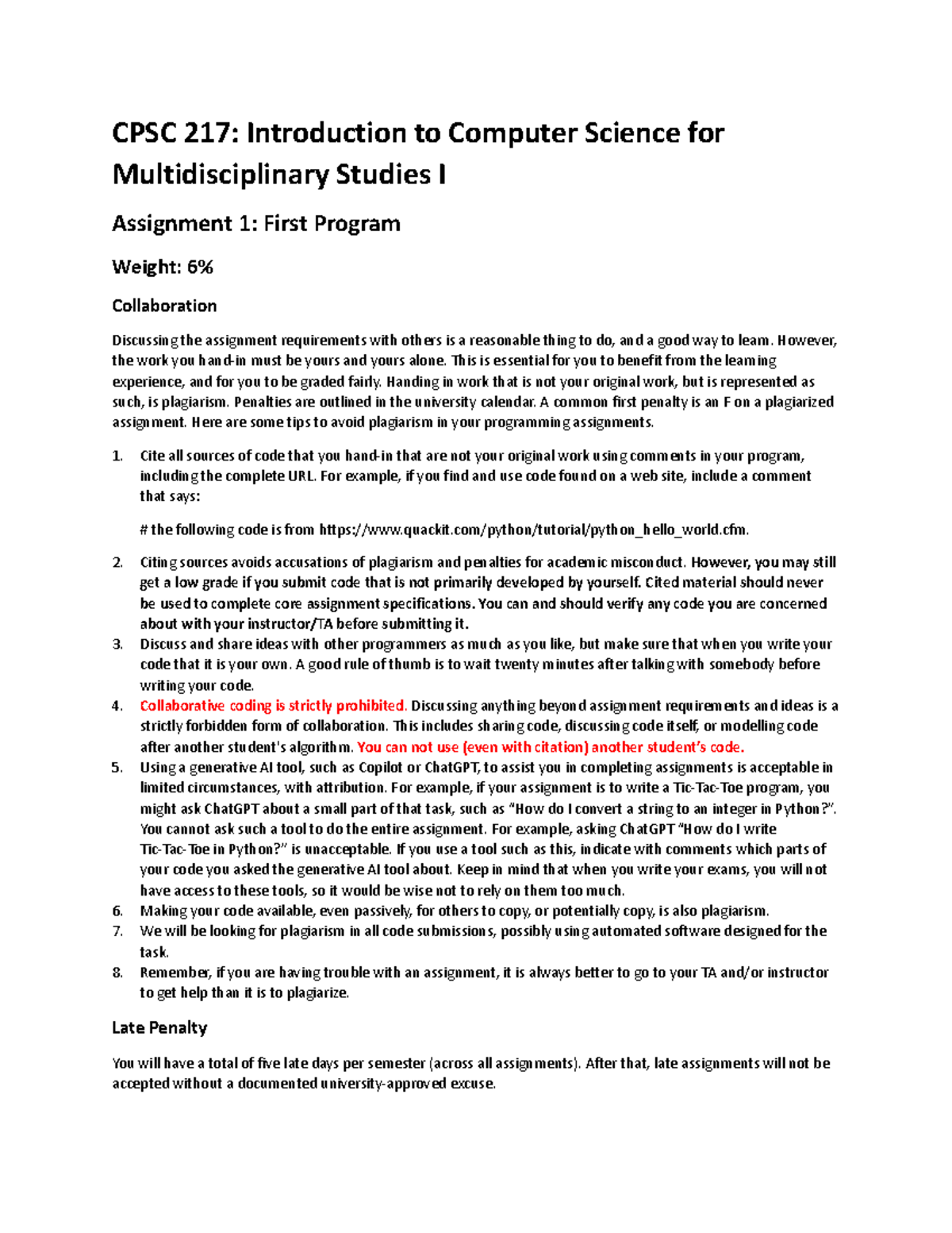 Assignment 1 - CPSC 217: Introduction to Computer Science for Multidisciplinary Studies I ...